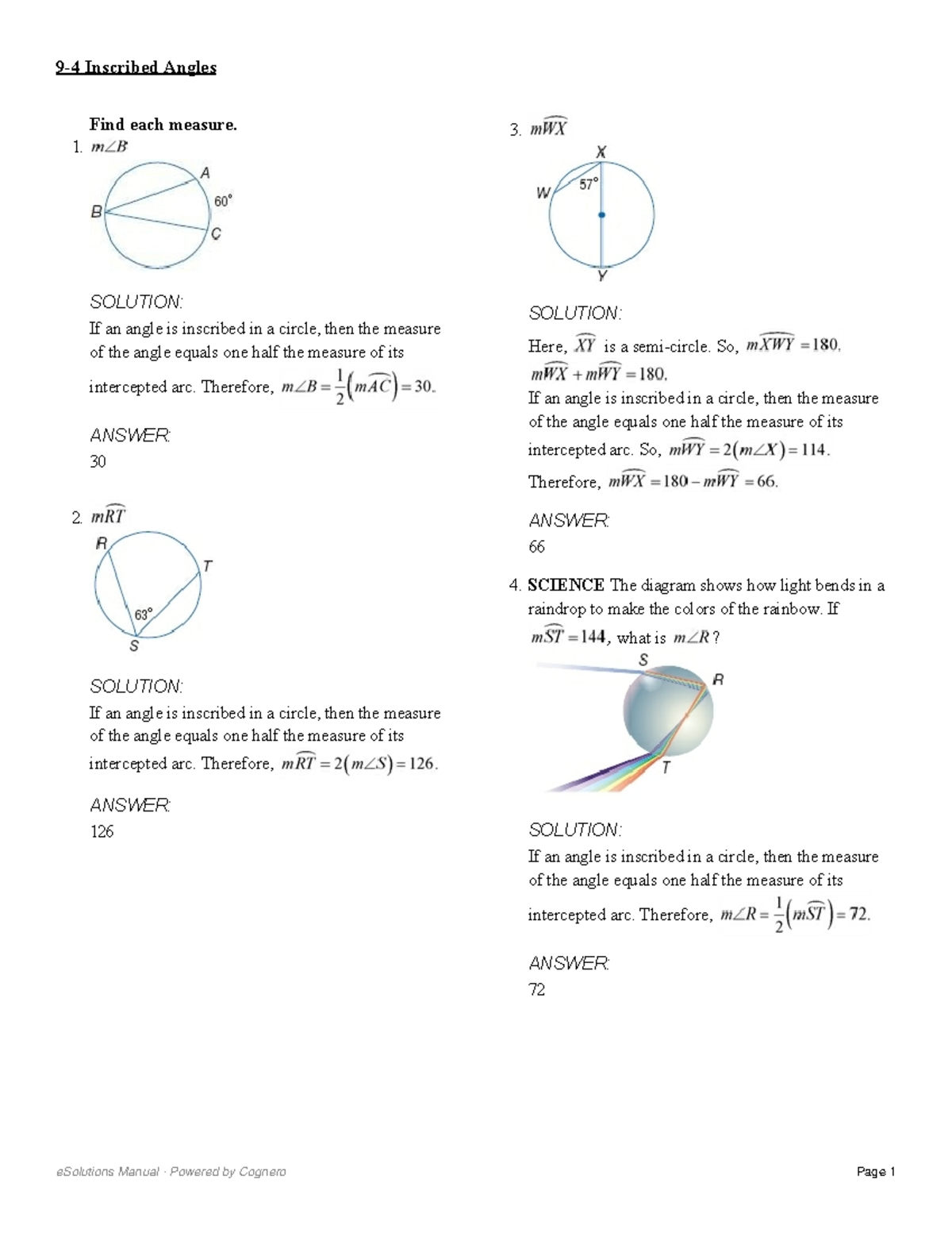 9 4 Inscribed Angles - Find each measure. 1. SOLUTION: If an angle is ...