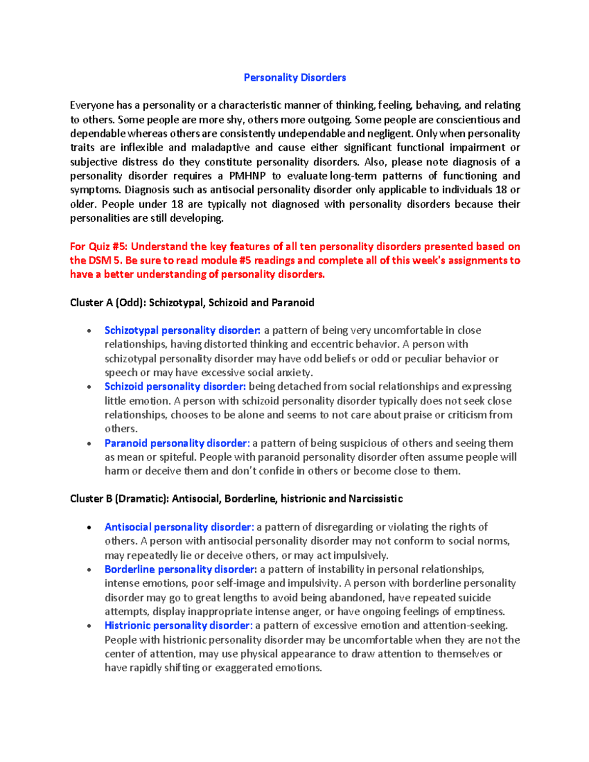 Quiz #4 Study Guide - Personality Disorders - Personality Disorders ...