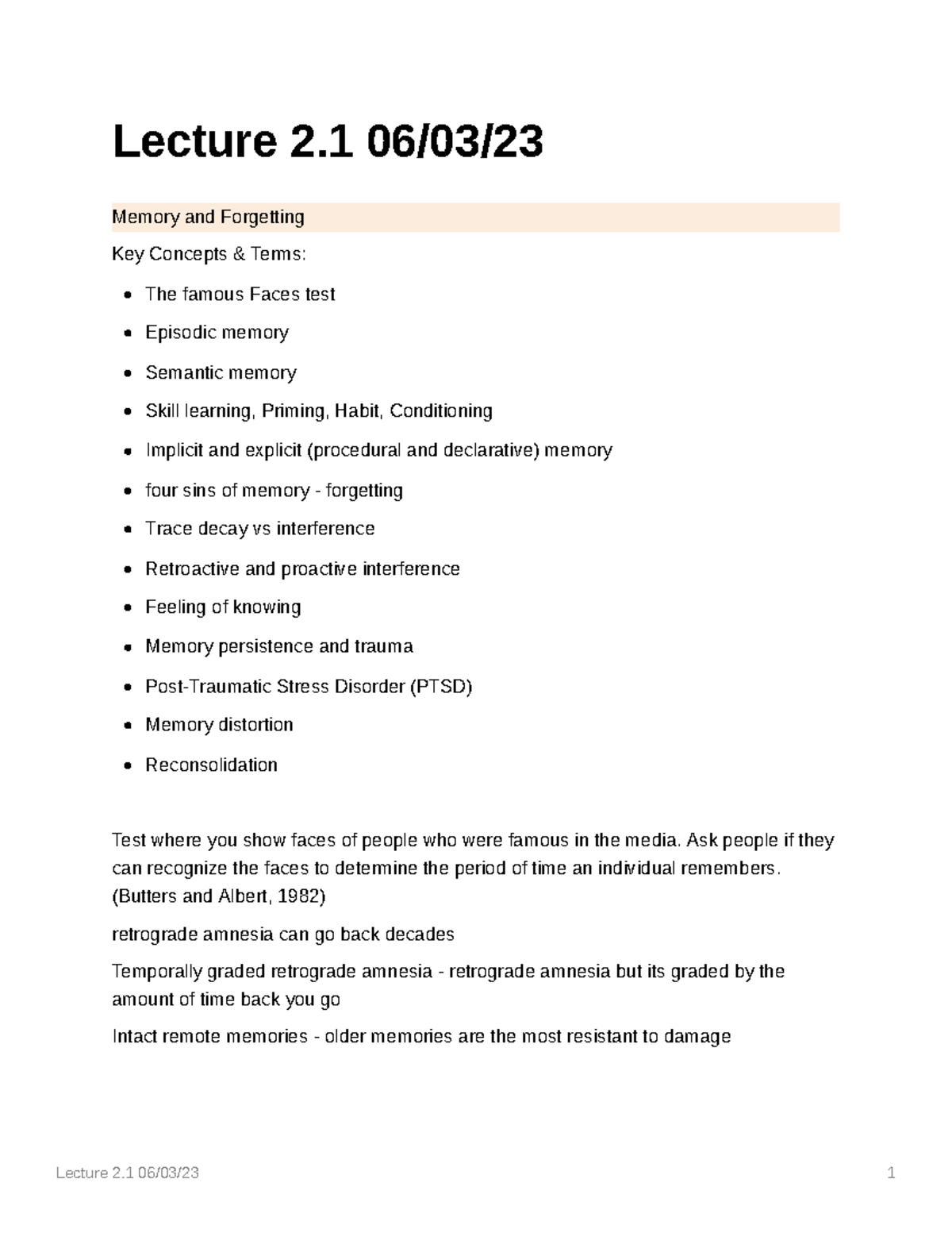 Lecture 4 Memory And Forgetting Lecture 2 0603 Memory And Forgetting Key Concepts And Terms