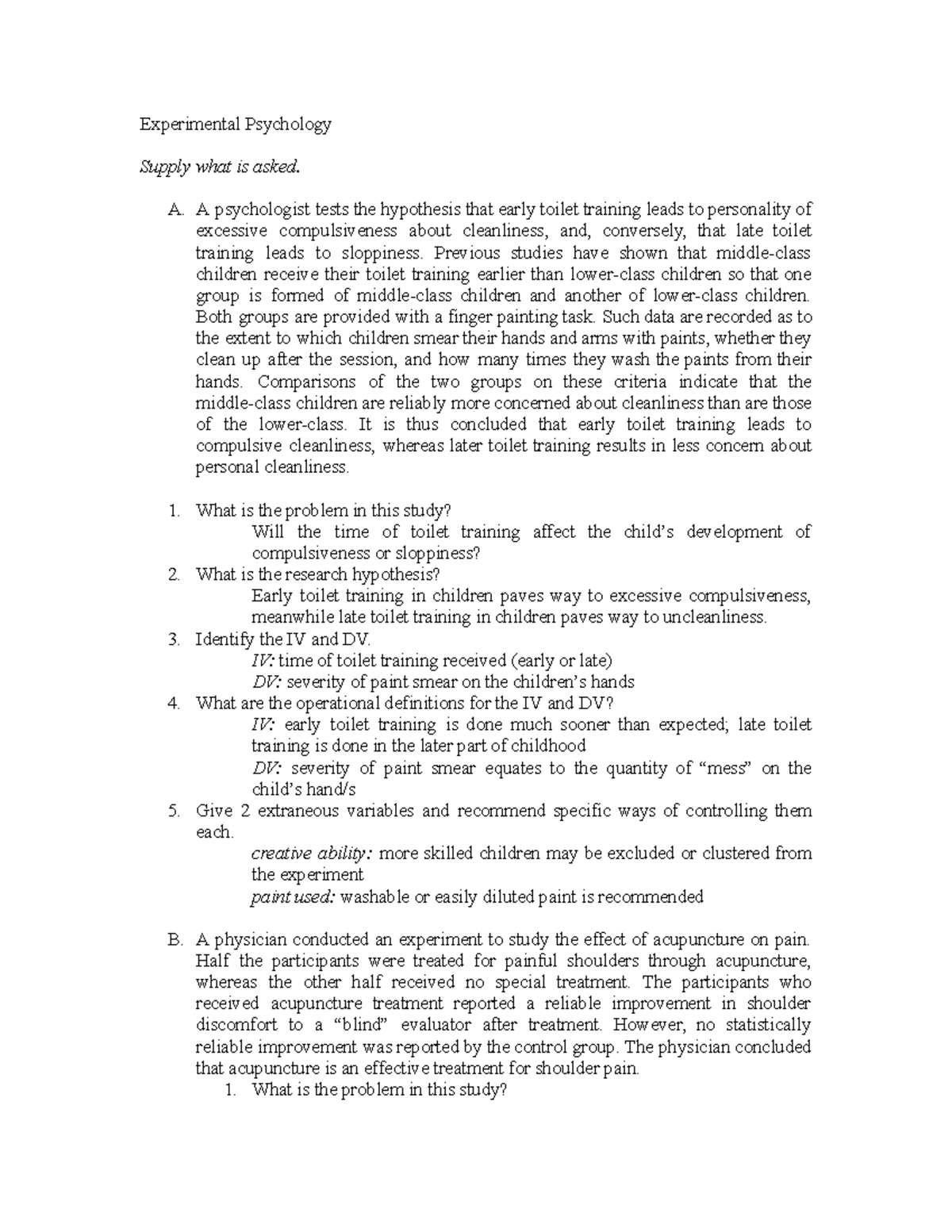 Activity on Extraneous Variables - Experimental Psychology Supply what ...