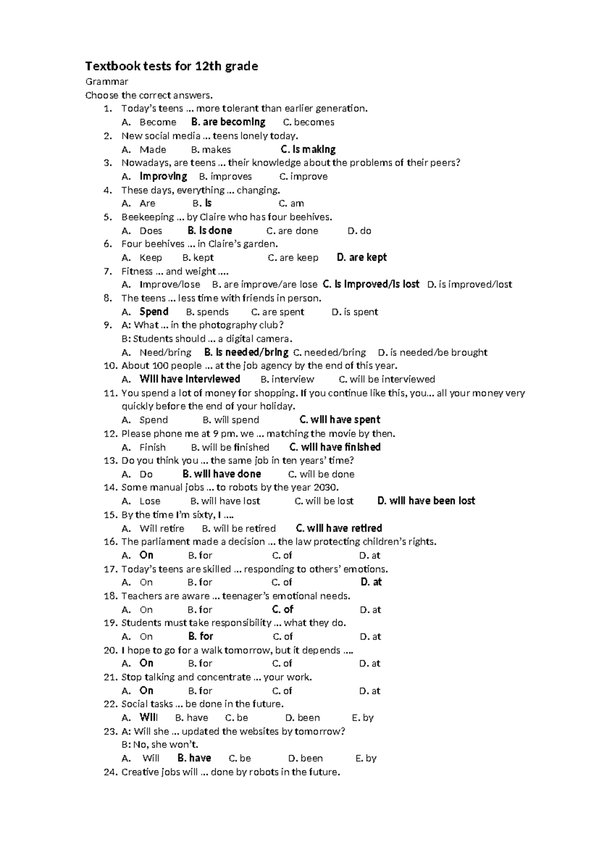 Textbook activities-12 - Textbook tests for 12th grade Grammar Choose ...