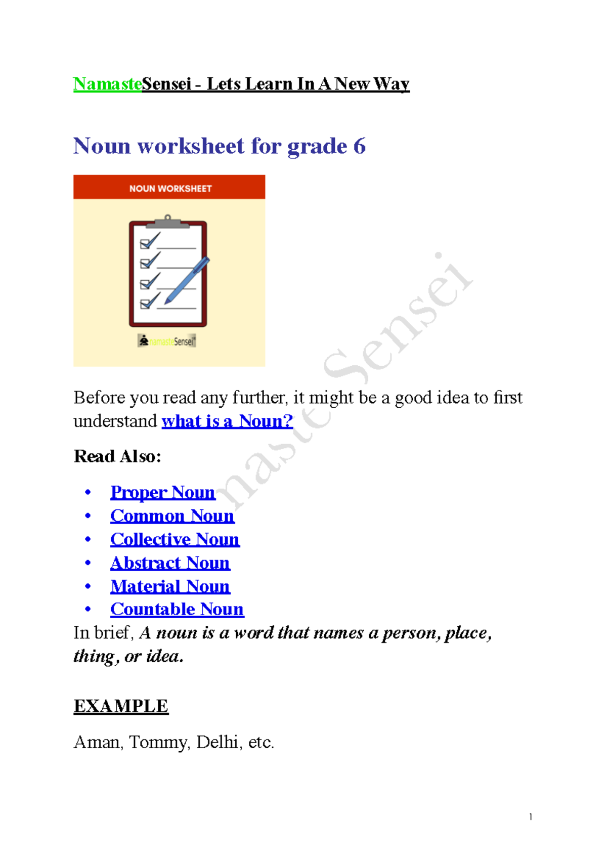 690675306 NOUN Worksheet FOR Class 6 WITH Answers 1 - Namaste Sensei ...