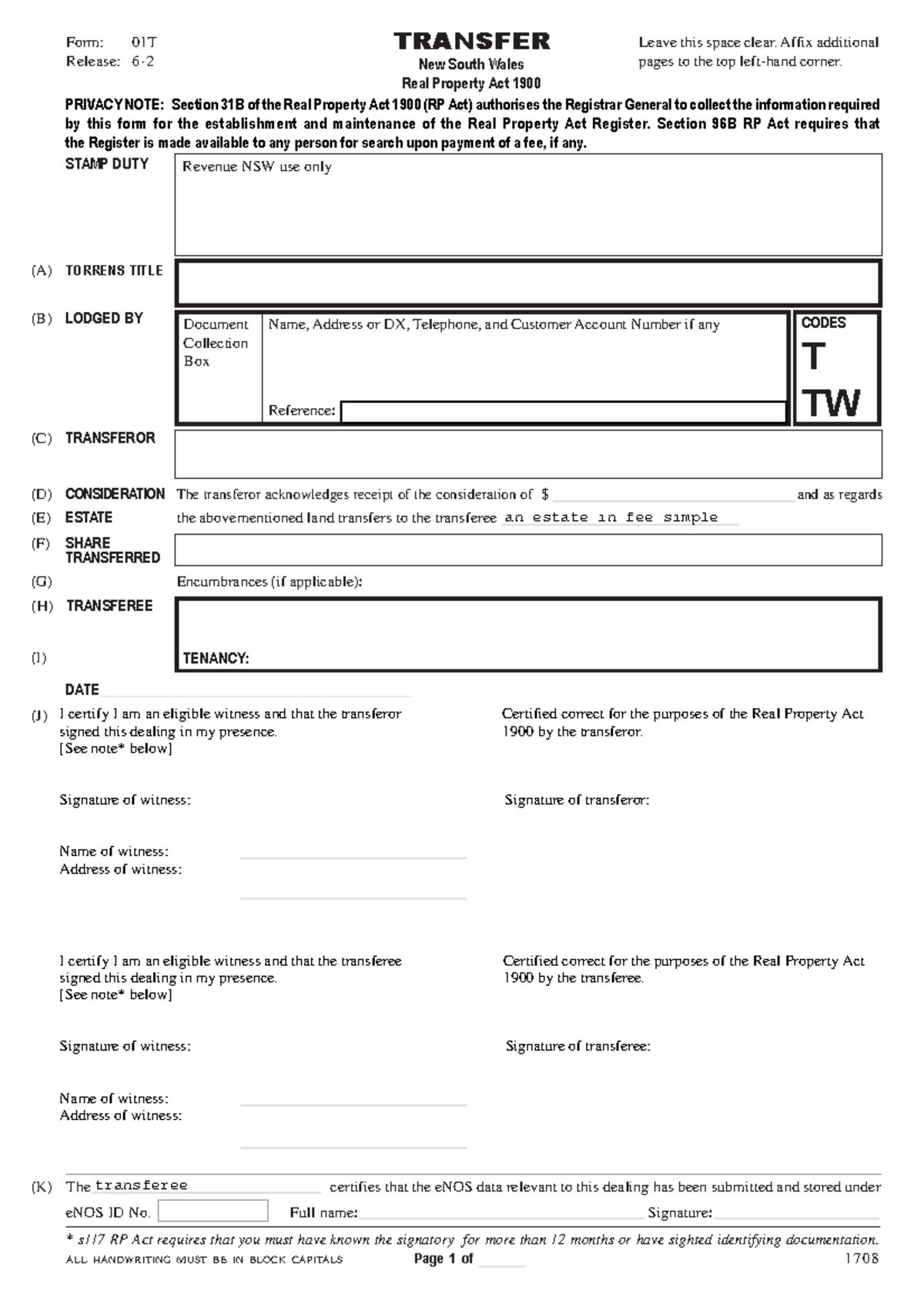 Torrens transfer form - STAMP DUTY Revenue NSW use only (B) LODGED BY ...