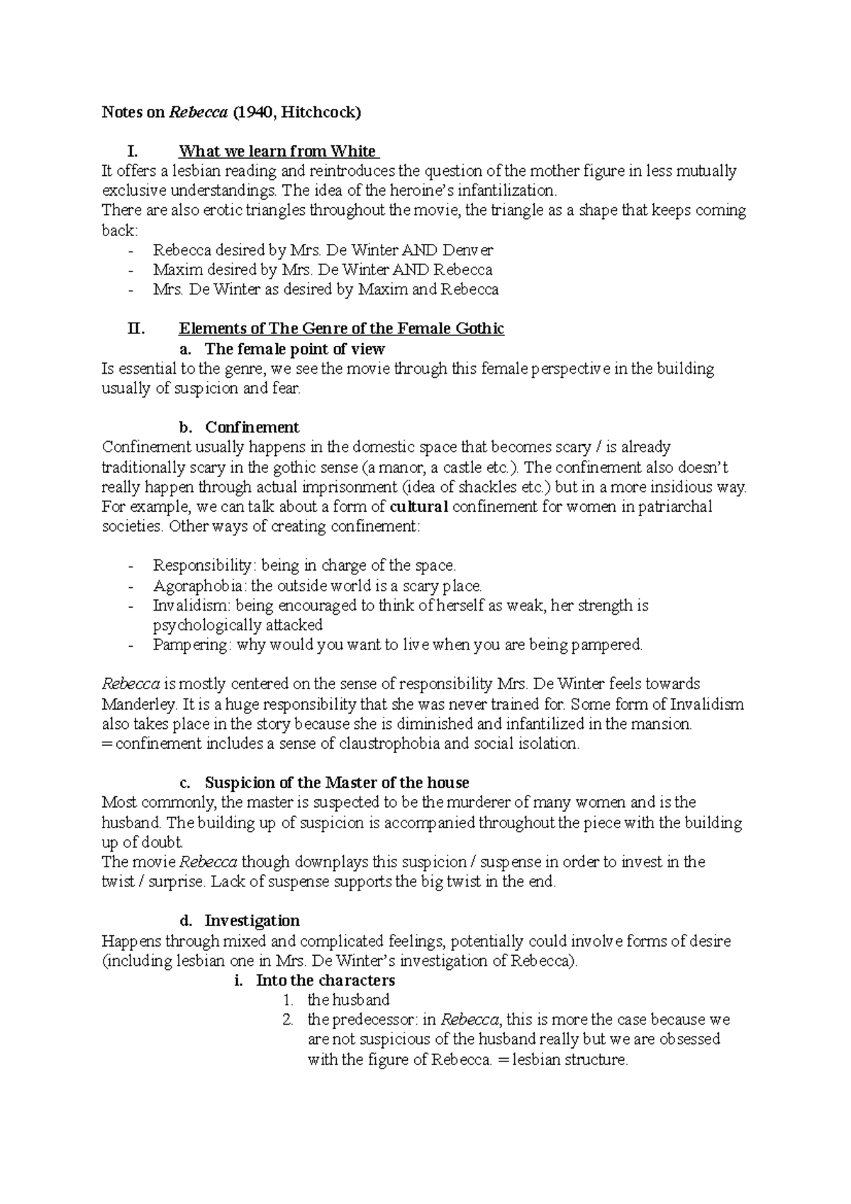 Notes on Rebecca - Note - Notes on Rebecca (1940, Hitchcock) I. What we ...