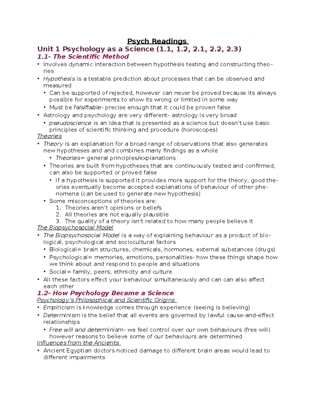 Psych Readings - Psych Readings Unit 1 Psychology as a Science (1, 1, 2 ...