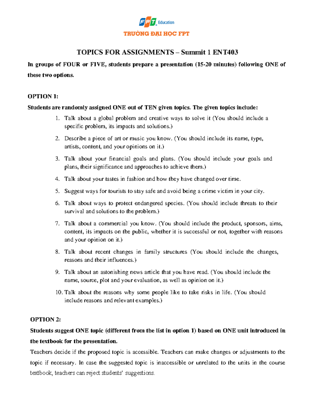 ENT403 Topics for presentation Assignment 2 - TOPICS FOR ASSIGNMENTS ...