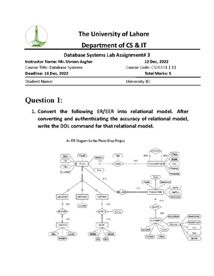Lab 1 task - ........ - Lab Manual of Database, Dept. CS&IT UOL Lahore 1 Department of - Studocu