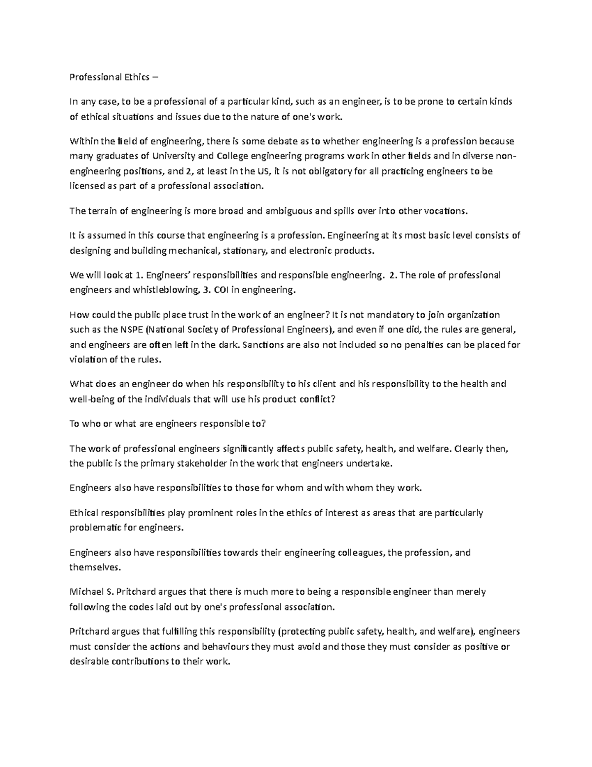 Unit 4 - Professional Ethics – In any case, to be a professional of a ...