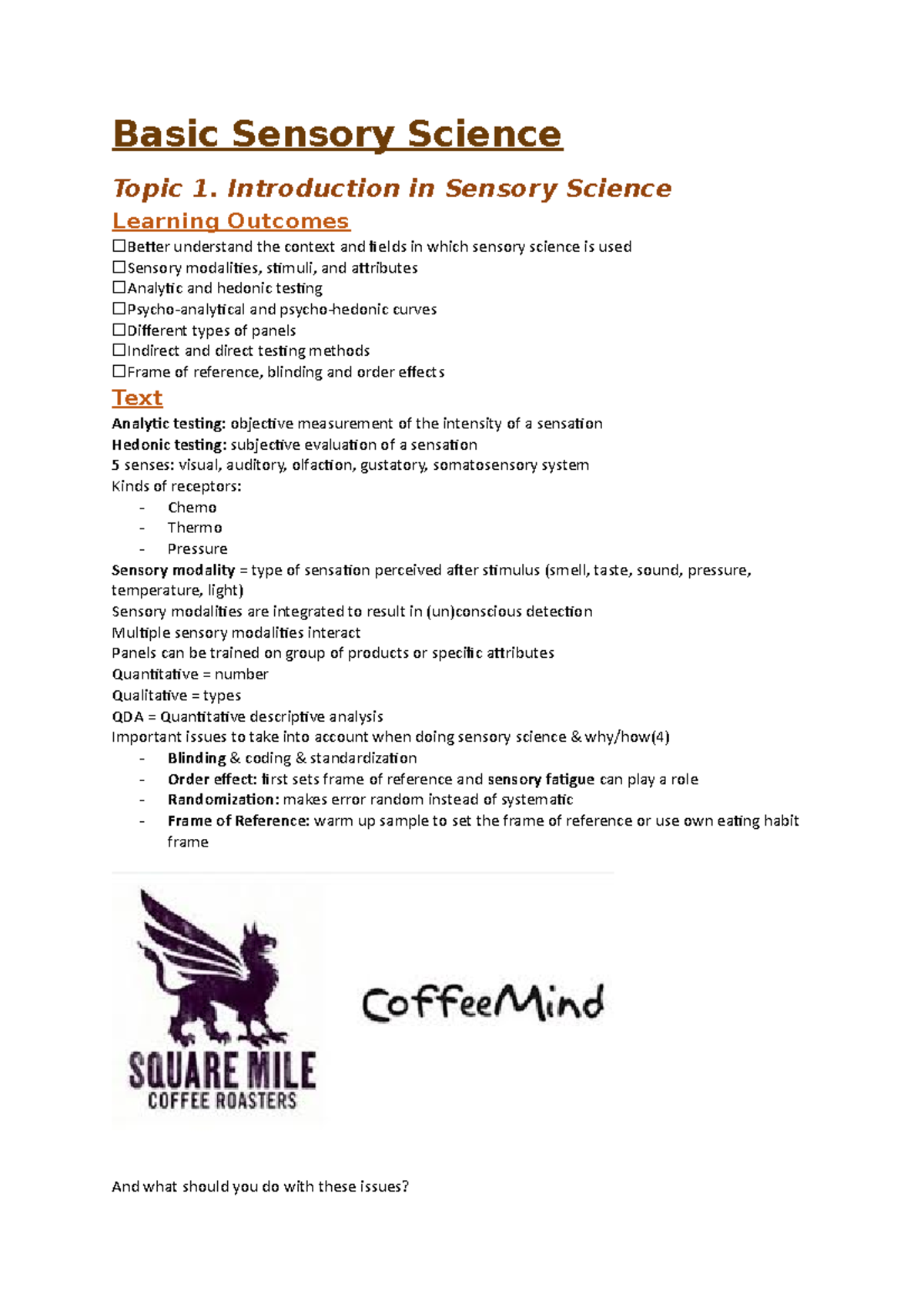 HNH29803 Basic Sensory Science - Basic Sensory Science Topic 1. Introduction in Sensory Science ...