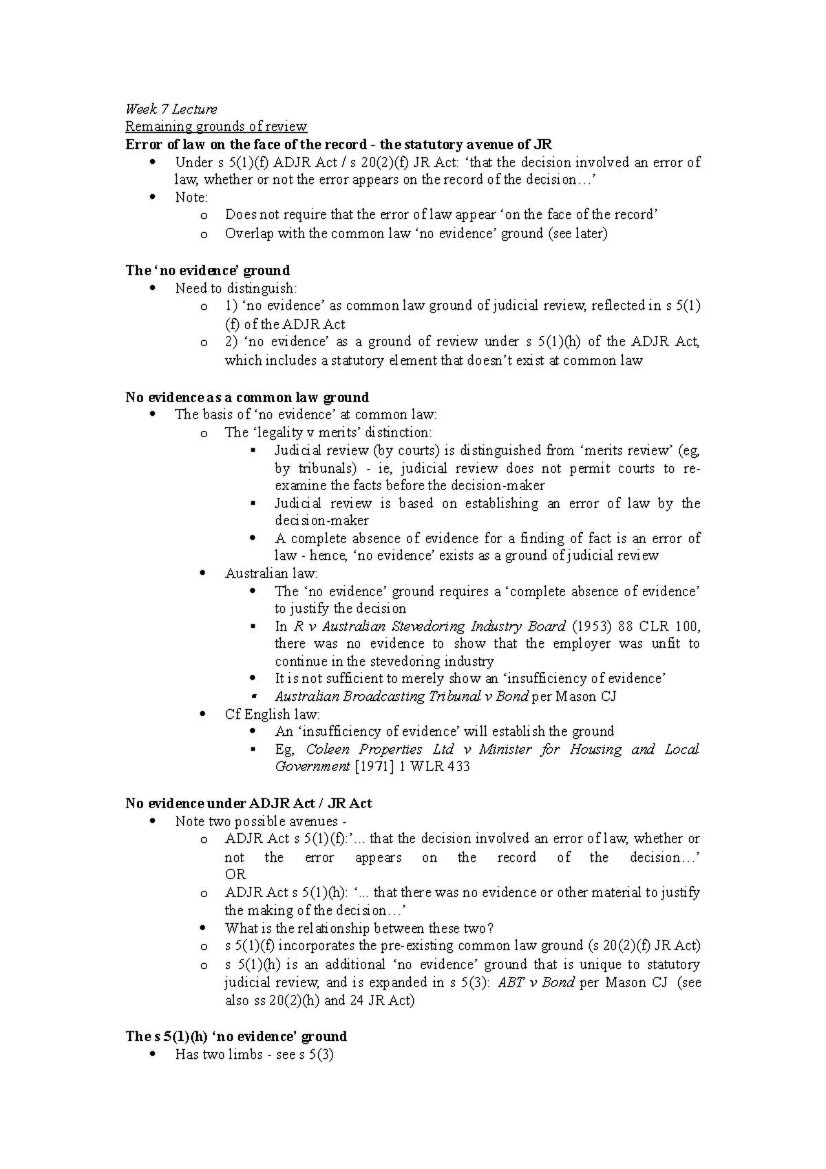Week 7 Lecture - Week 7 Lecture Remaining grounds of review Error of ...