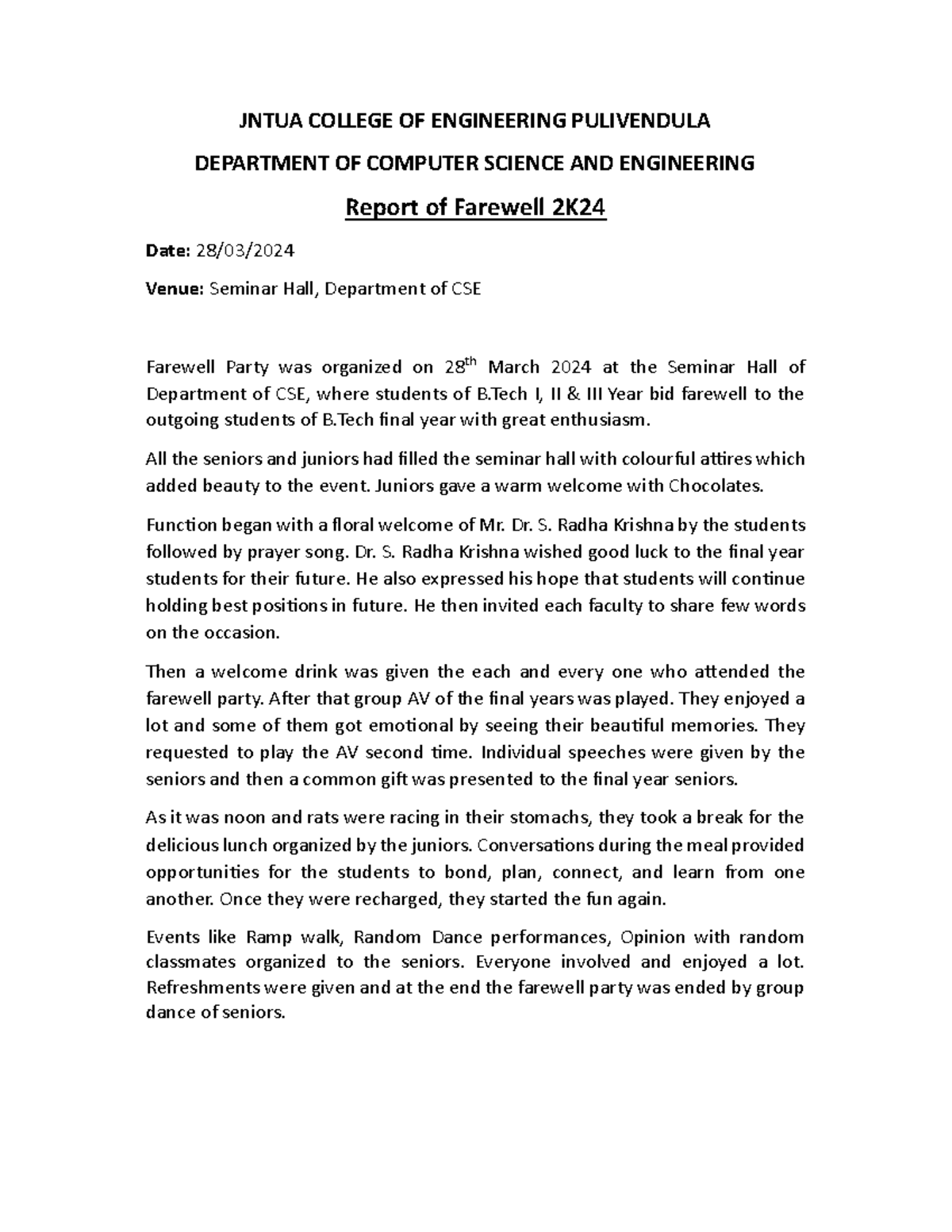 Farewell Party Report - JNTUA COLLEGE OF ENGINEERING PULIVENDULA ...