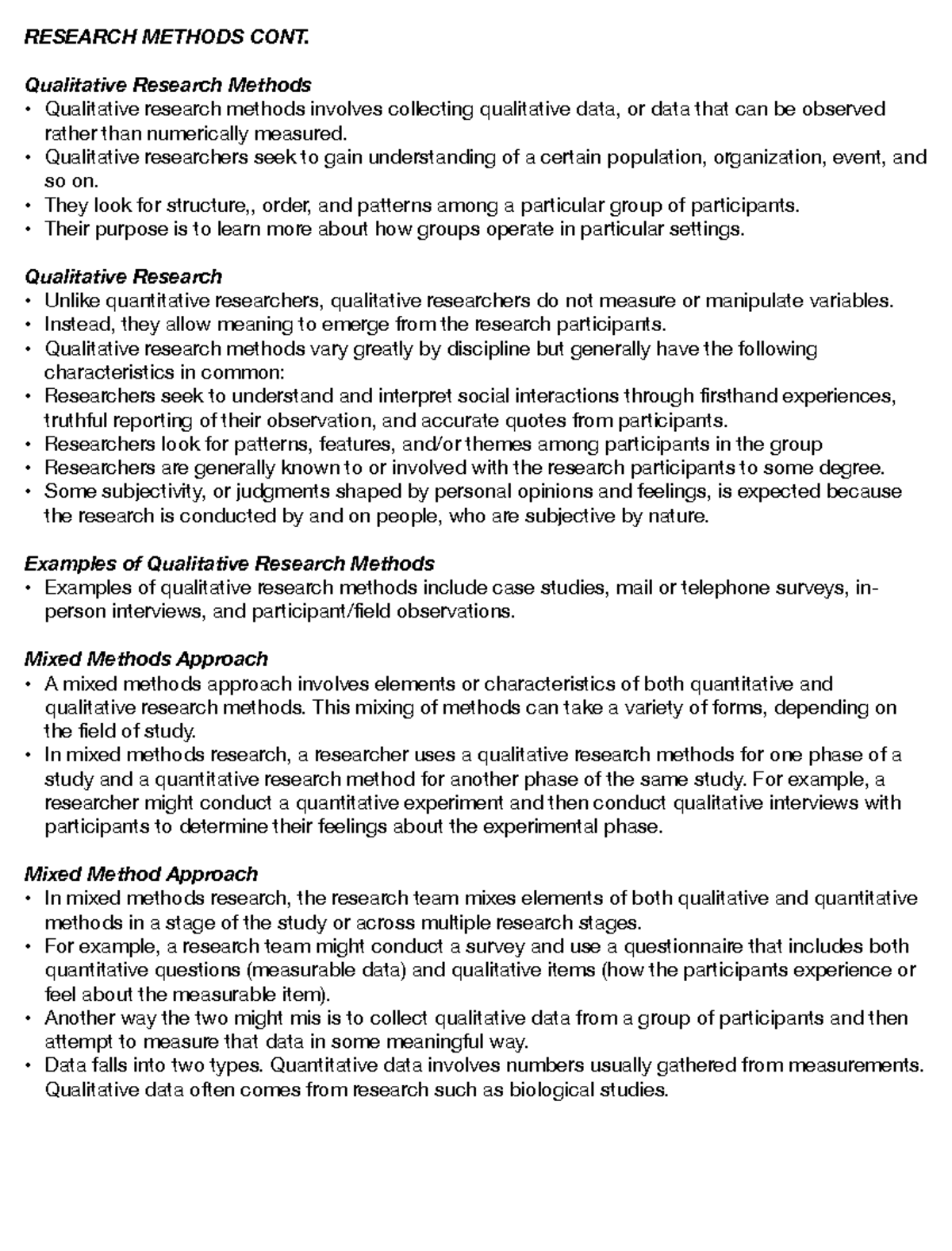 PSY-260 Research Methods Continued - RESEARCH METHODS CONT. Qualitative ...