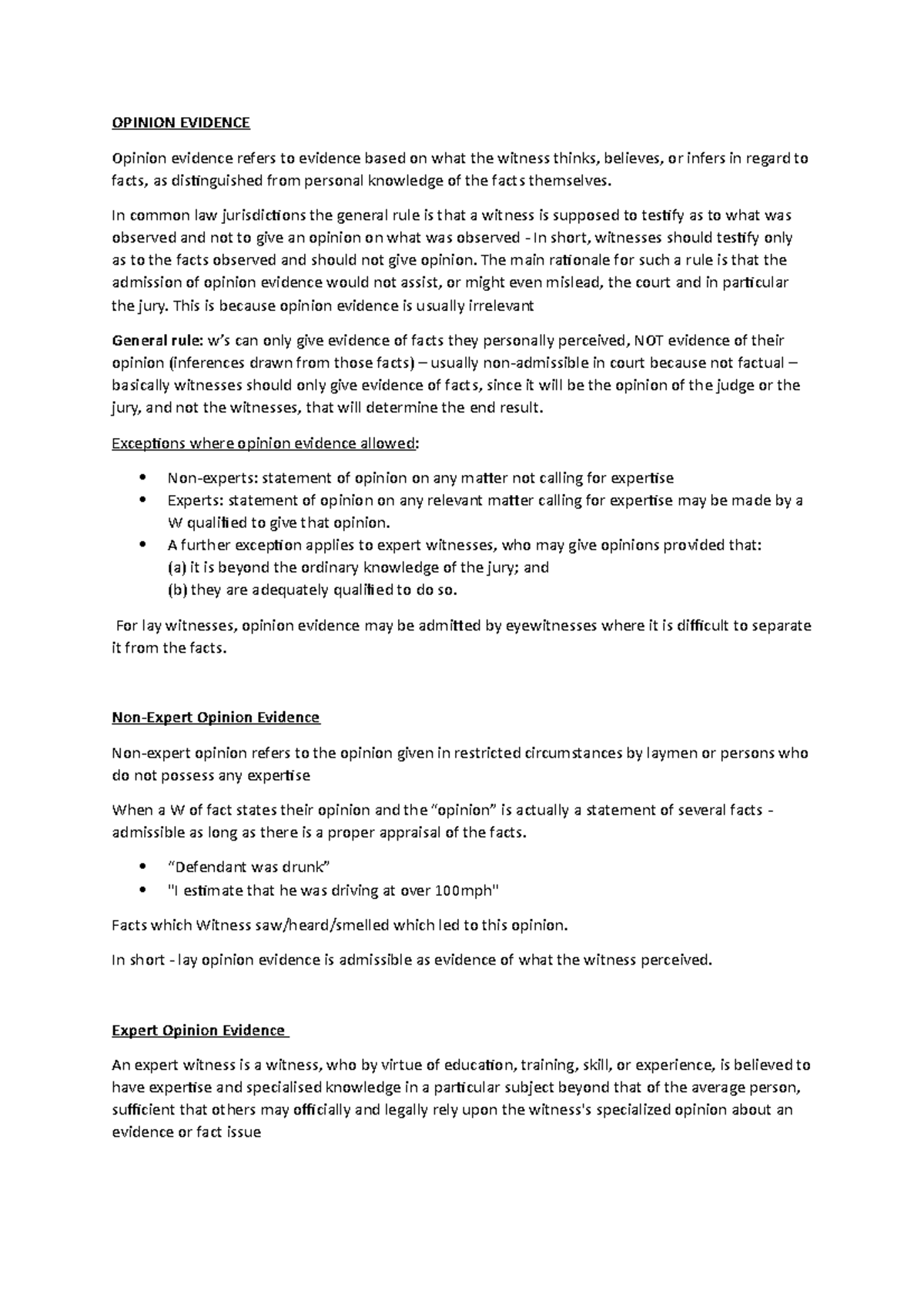 Opinion Evidence - Topic Summary - OPINION EVIDENCE Opinion evidence ...