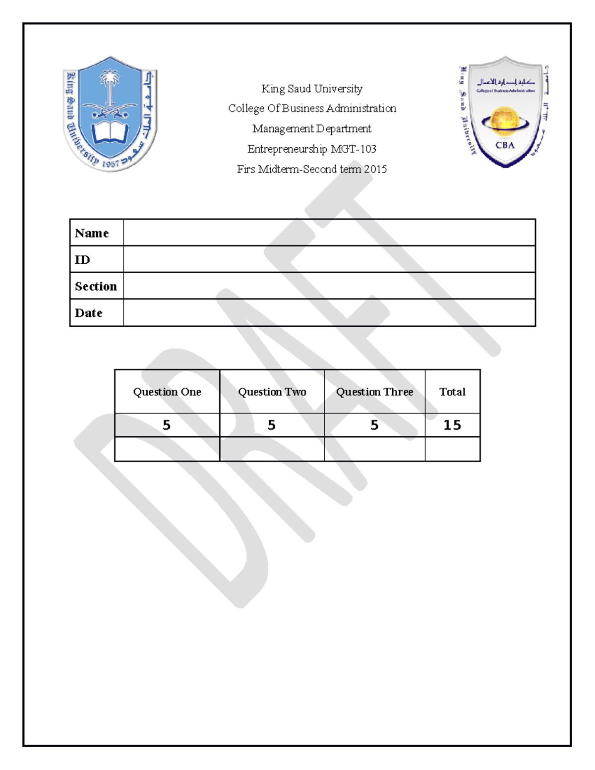 Sample/practice exam 19 April 2020, questions and answers - King Saud ...