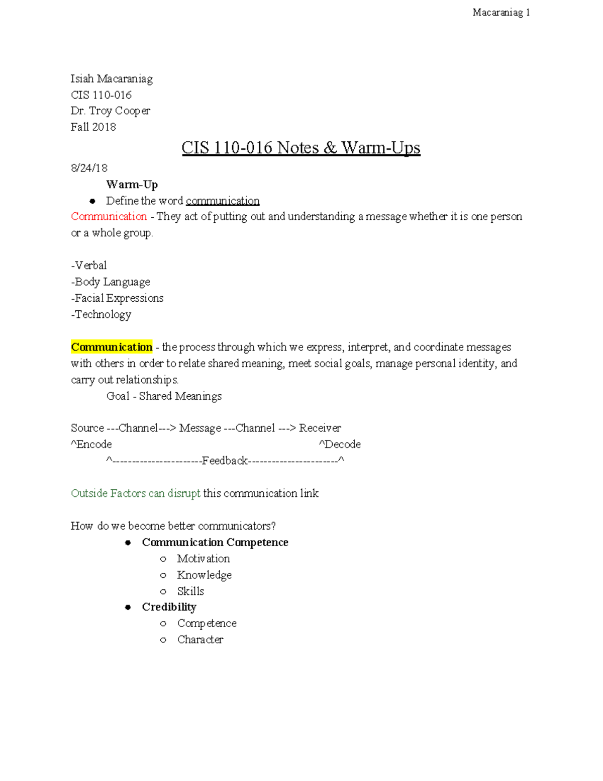 CIS 110 - Notes - Isiah Macaraniag CIS 110- Dr. Troy Cooper Fall 2018 ...