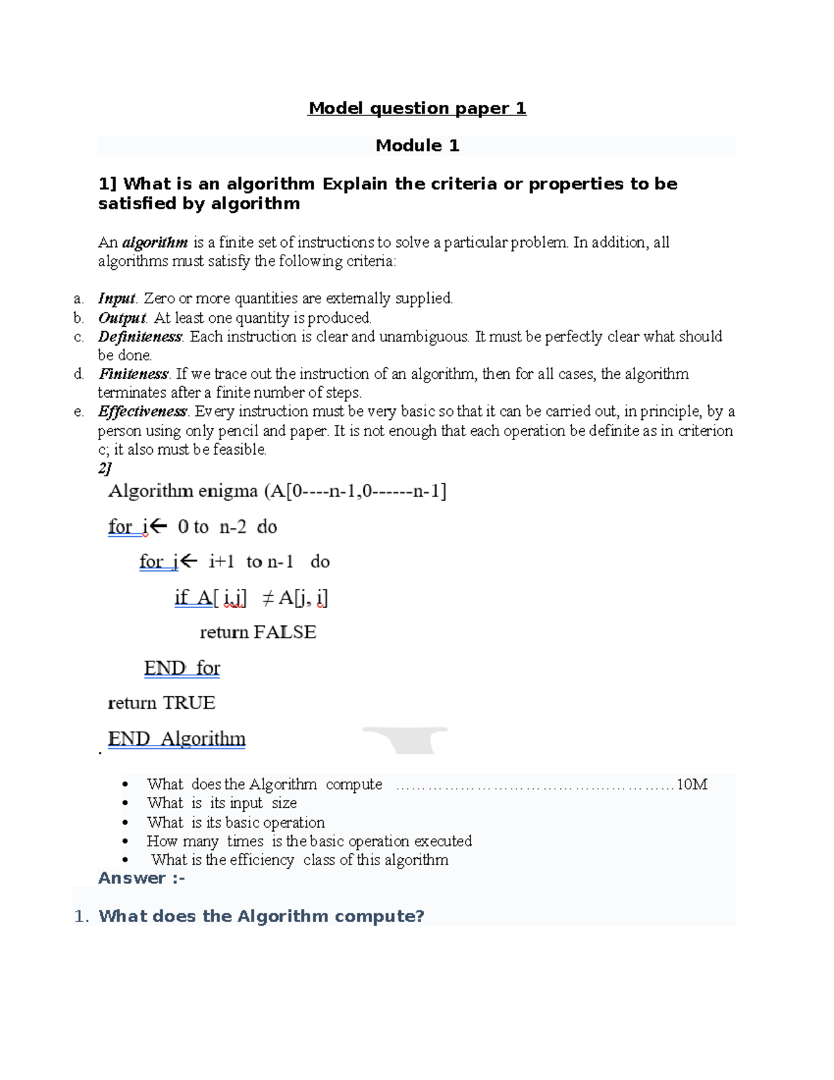 DAA model qp1 - important question - Model question paper 1 Module 1 1 ...