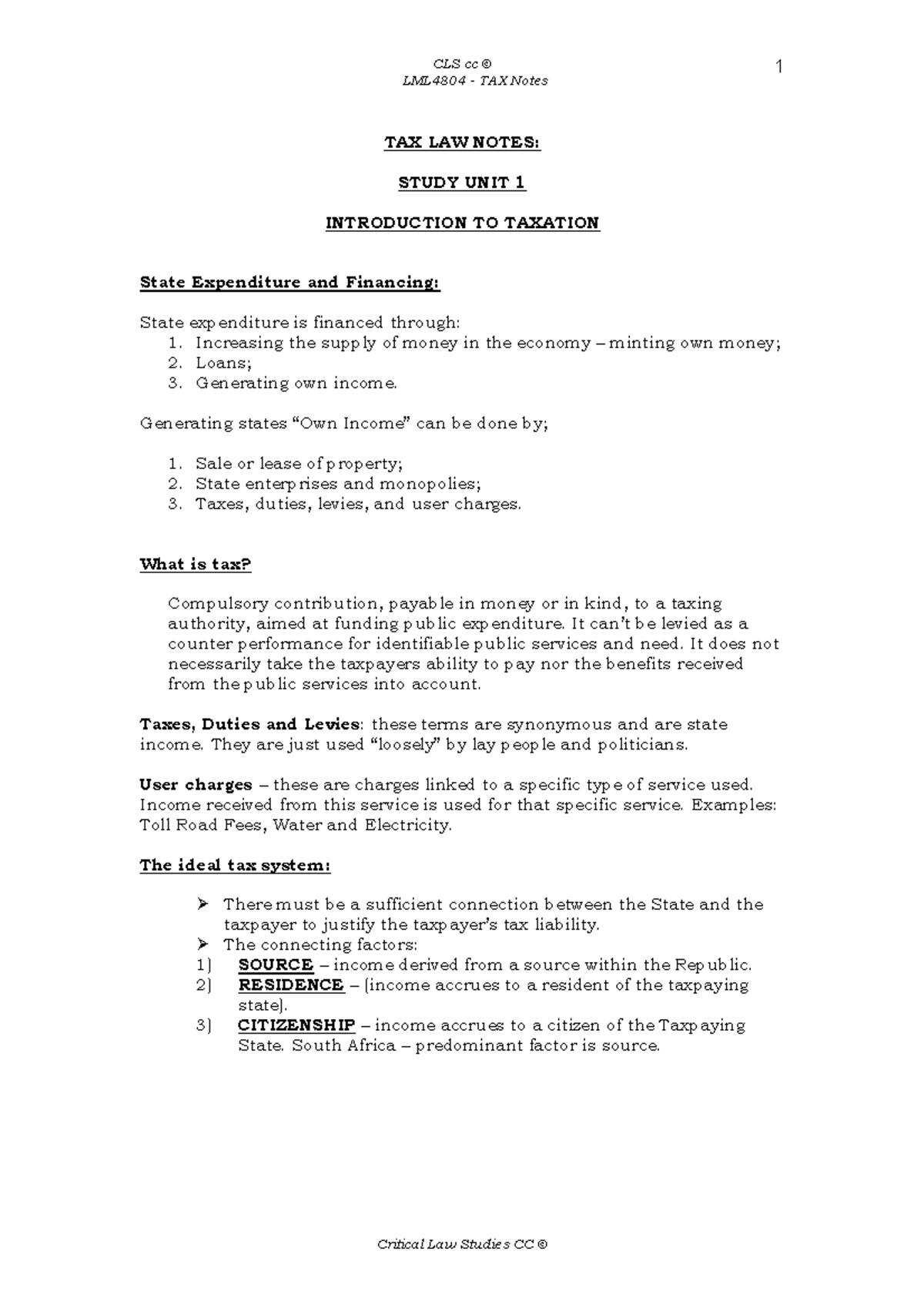 Tax law notes 2014 - LML4804 - TAX Notes 1 TAX LAW NOTES: STUDY UNIT 1 ...
