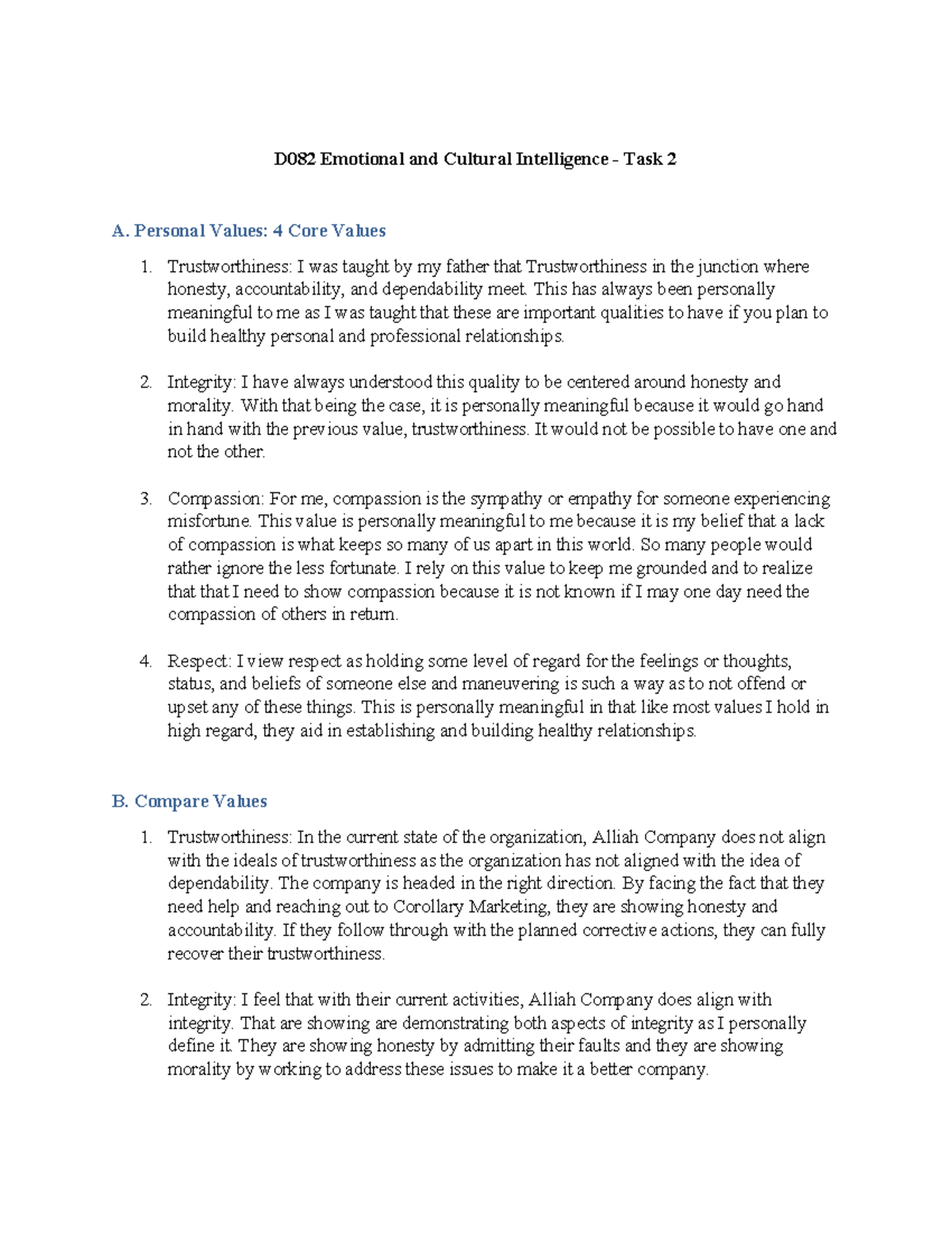 D082 EI & CI Task 2 - D082 Emotional and Cultural Intelligence - Task 2 ...