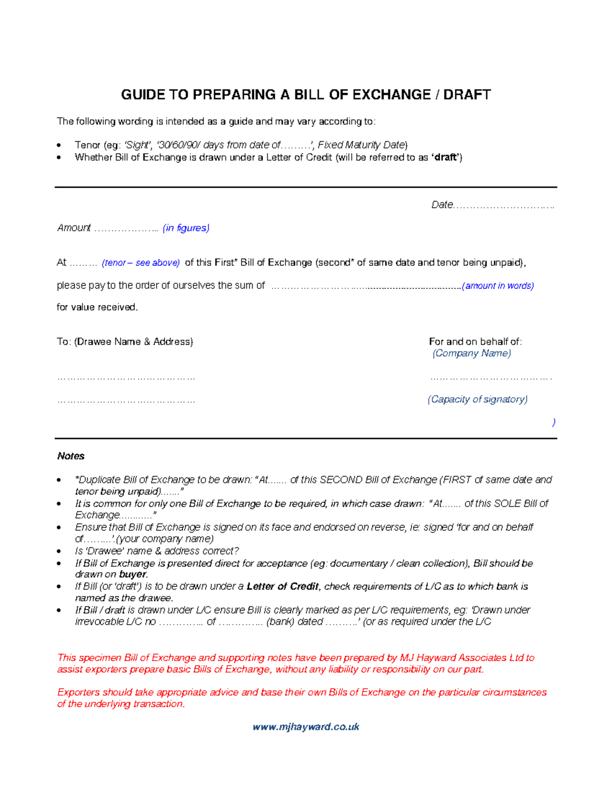Specimen BILL OF Exchange - GUIDE TO PREPARING A BILL OF EXCHANGE ...