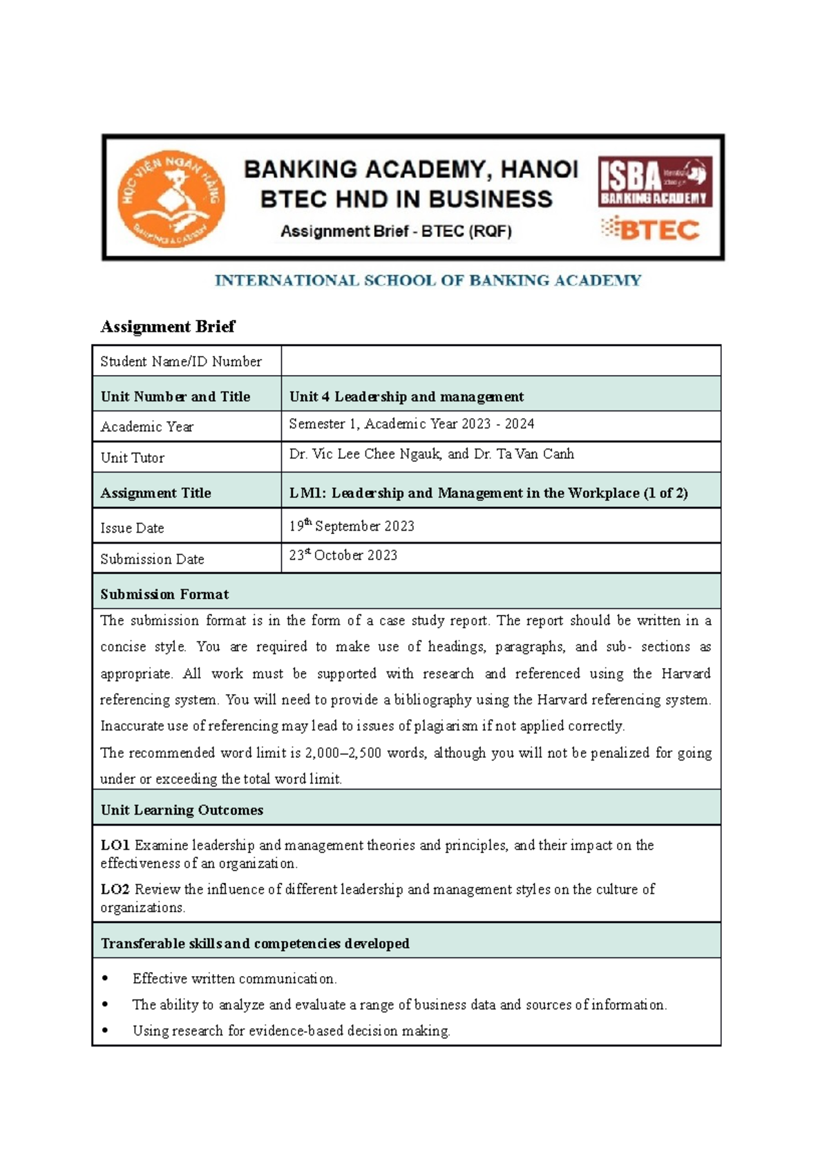 LM - A1 Brief - LM A1 - Assignment Brief Student Name/ID Number Unit Number and Title Unit 4 ...