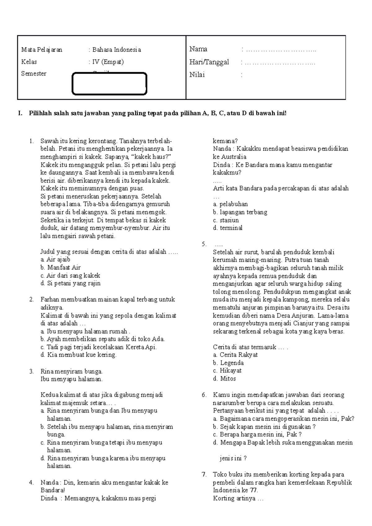 Soal SAS 1 B. Indonesia Kelas 4 - Mata Pelajaran : Bahasa Indonesia Kelas : IV (Empat) Semester ...