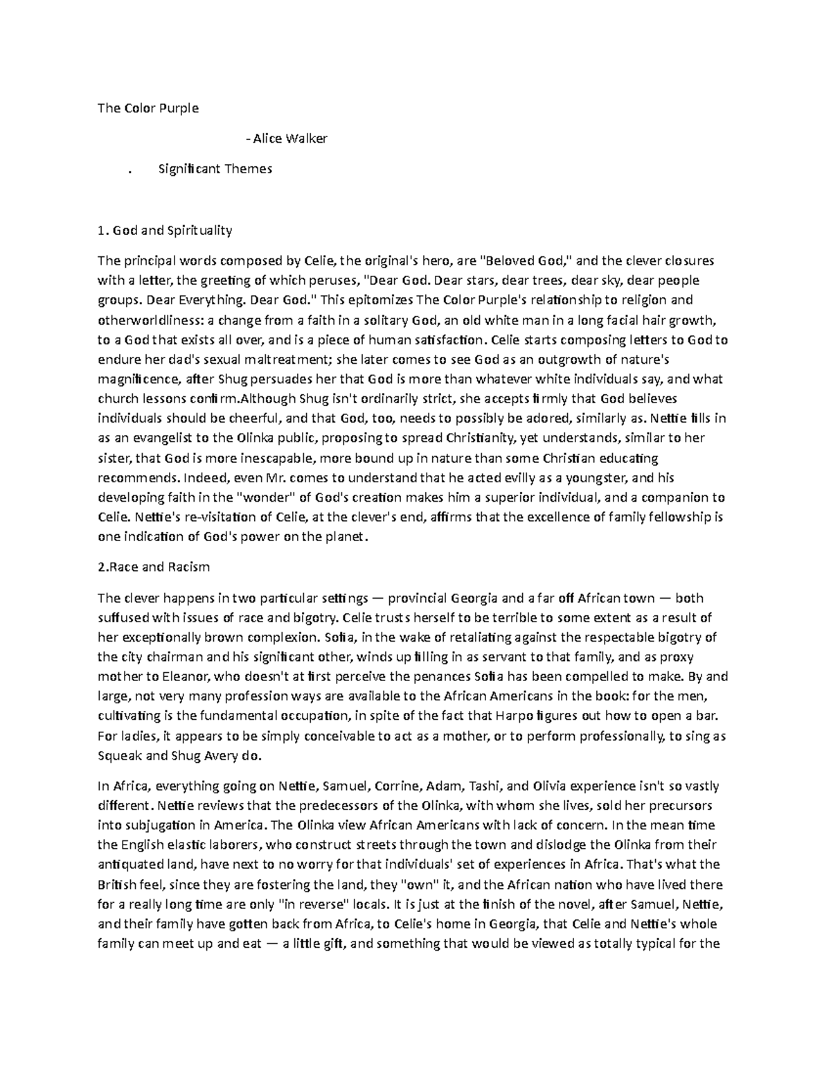 Color Purple notes - The Color Purple Alice Walker . Significant Themes ...