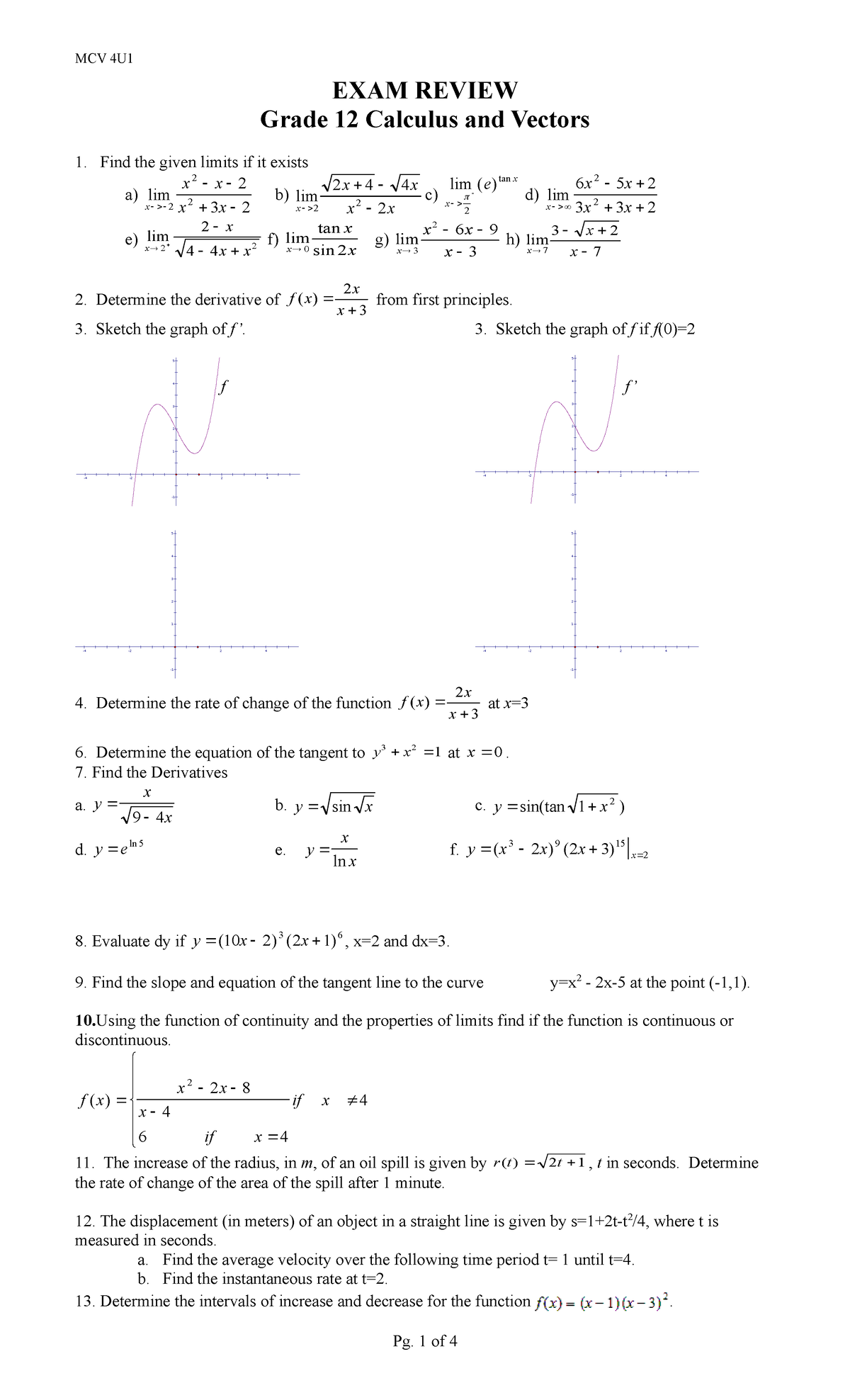 ExamReview12CalculusandVectors - EXAM REVIEW Grade 12 Calculus and ...