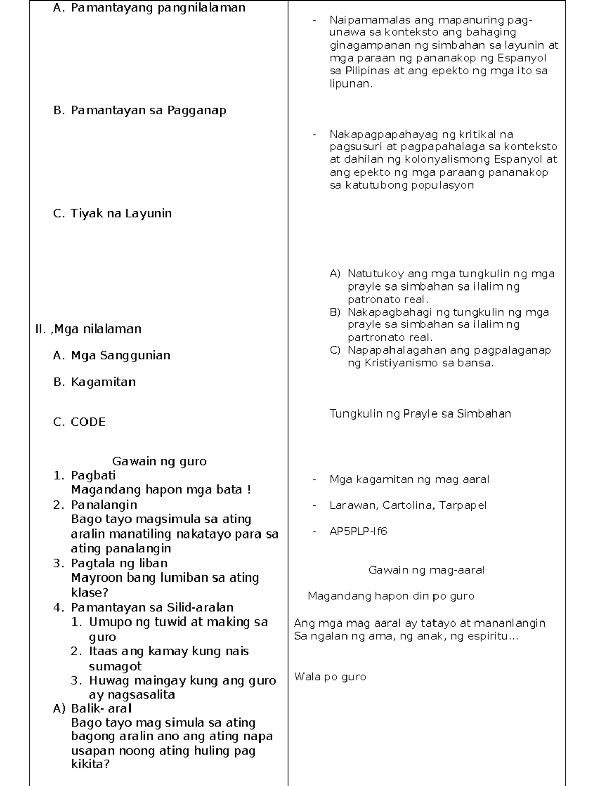 Araling Pnlipunan Prayle - A. Pamantayang pangnilalaman B. Pamantayan ...