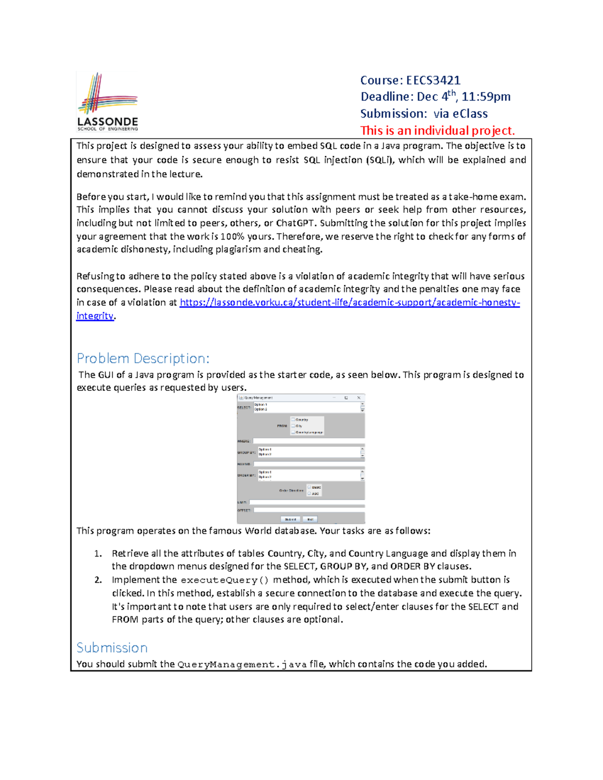 EECS3421 Project CLO5 - Course: EECS Deadline: Dec 4 th, 11: 59 pm ...