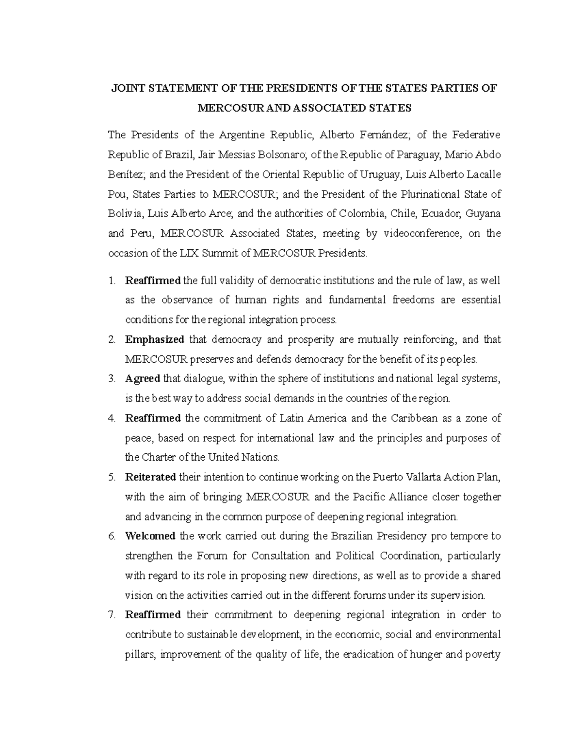 Joint Statement OF THE Presidents OF THE States Parties OF Mercosur AND ...