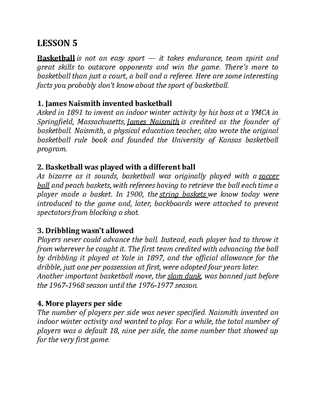 Lesson-5 - lecture - LESSON 5 Basketball is not an easy sport — it ...