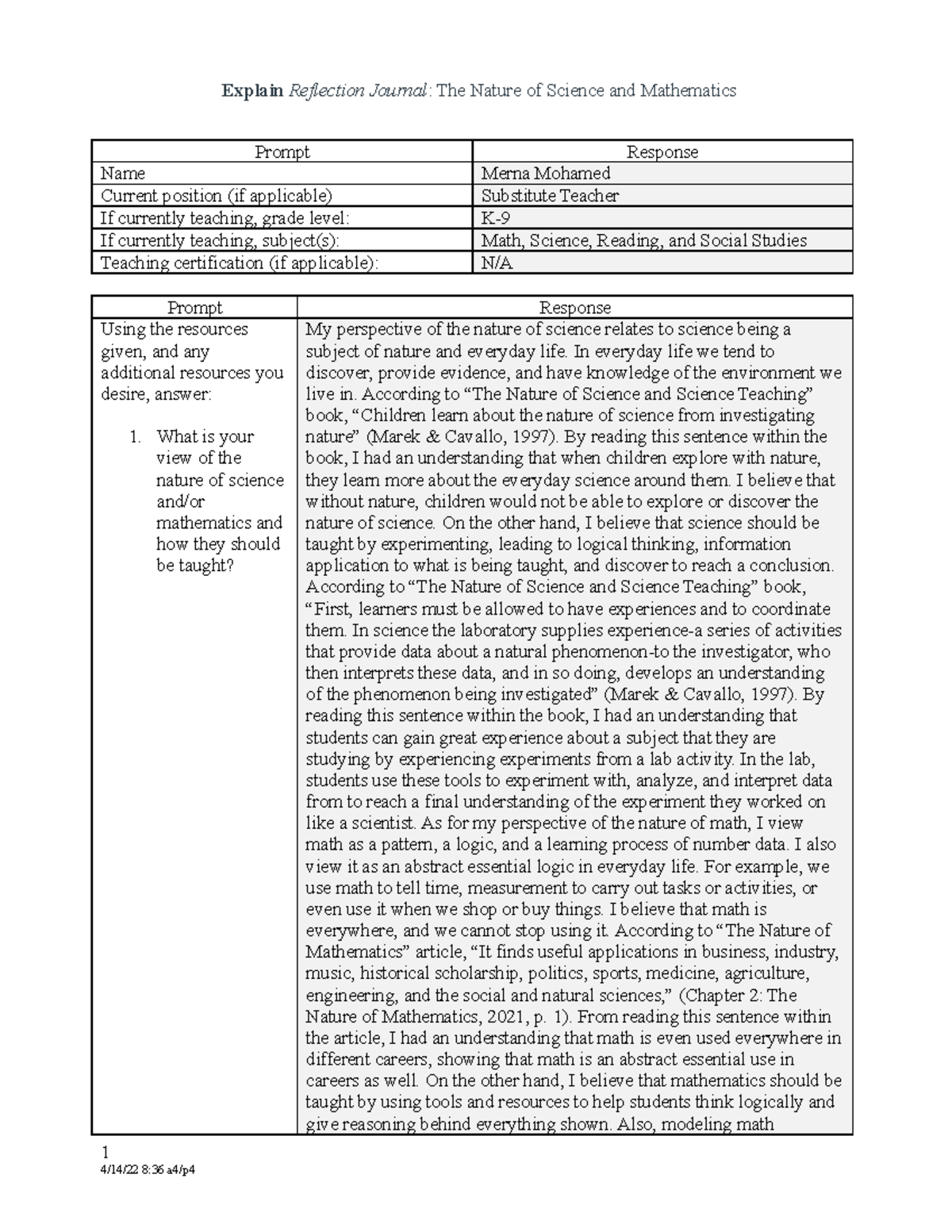 Explain Reflection Journal The Nature of Science and Mathematics - EDUC ...