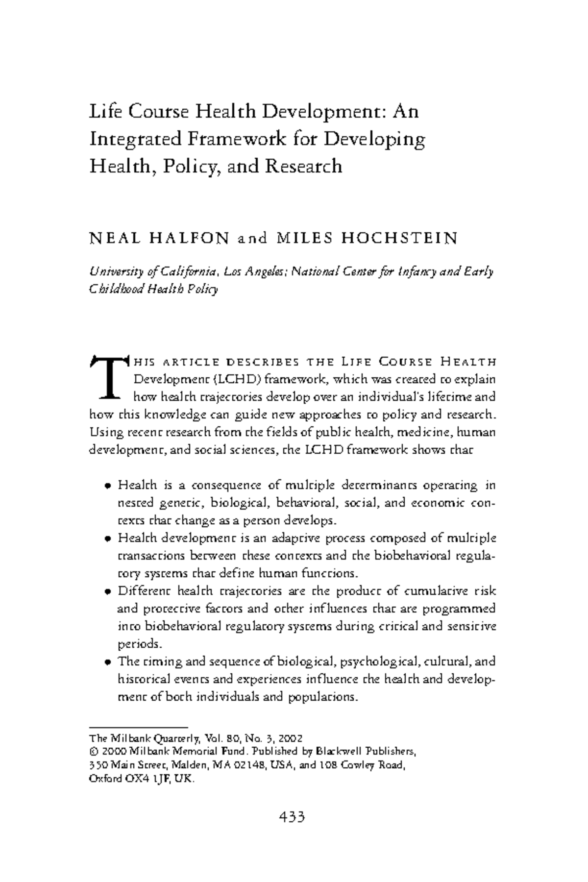 Halfon and Hochstein 2002 - Life Course Health Development: An ...