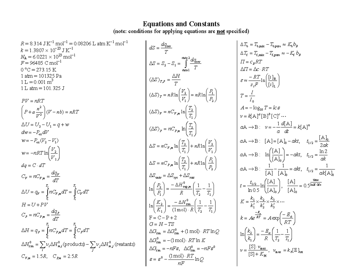 Formula Sheet CHEM 205 - Equations and Constants (note: conditions for ...