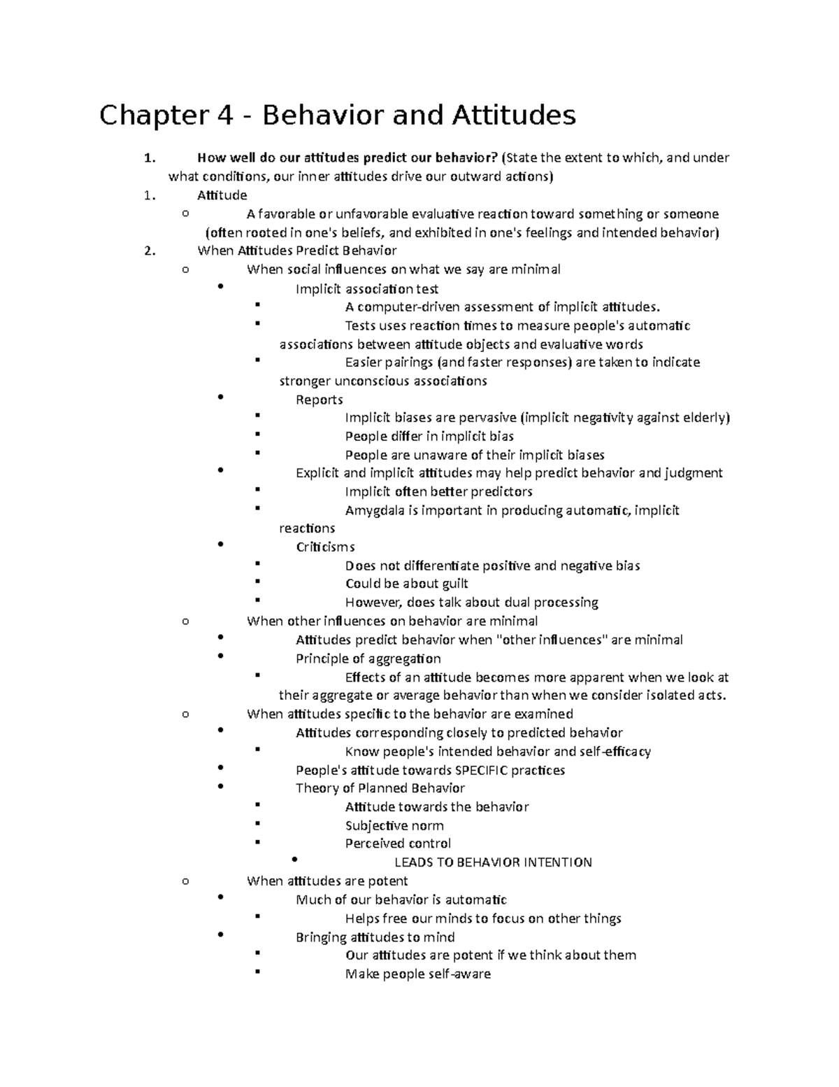 Summary - 'Social Psychology', Chp.4 - Behavior and Attitudes - Chapter 4 Behavior and Attitudes ...