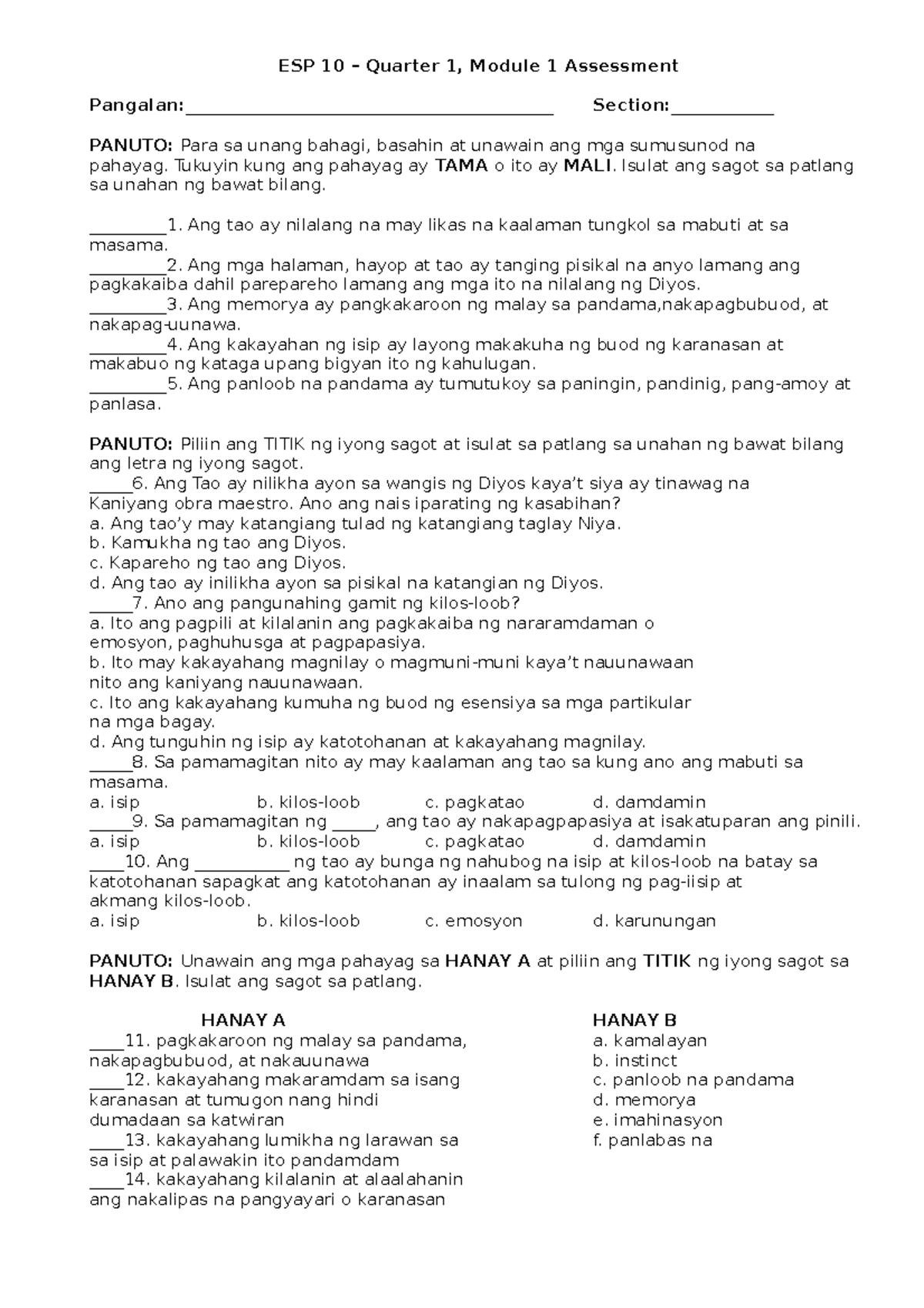 ESP 10 - sample exam - ESP 10 – Quarter 1, Module 1 Assessment - Studocu