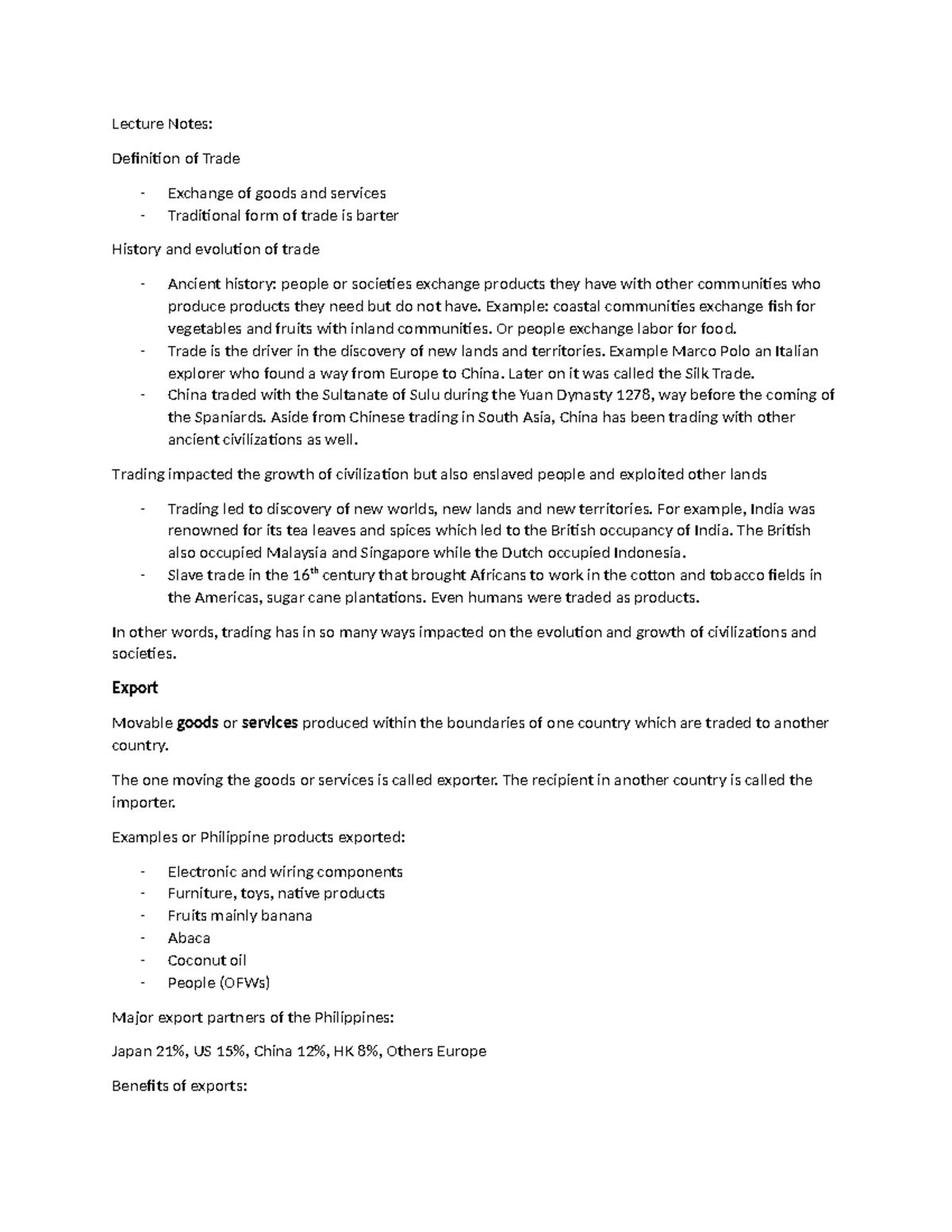 Lecture Notes Intro to Intl Trade - Lecture Notes: Definition of Trade ...