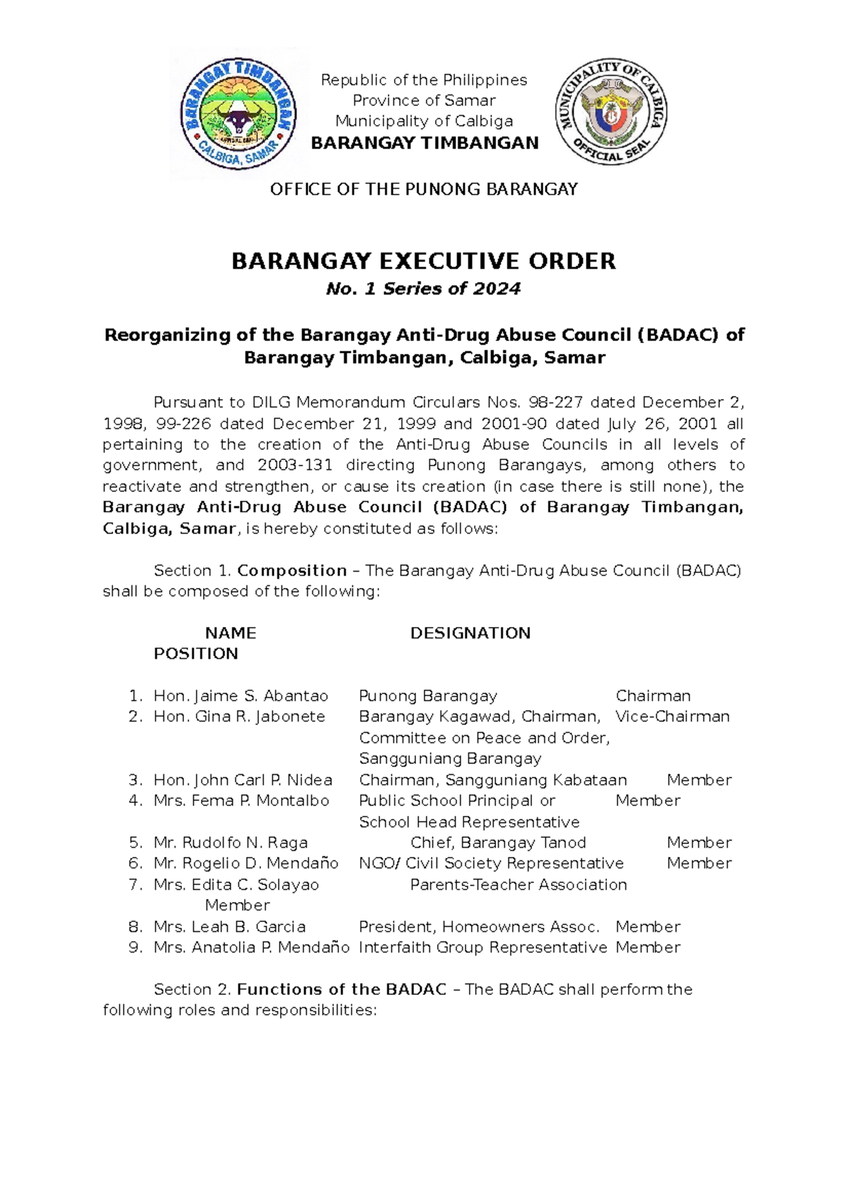 Barangay Executive Order No. 1 - Republic of the Philippines Province ...