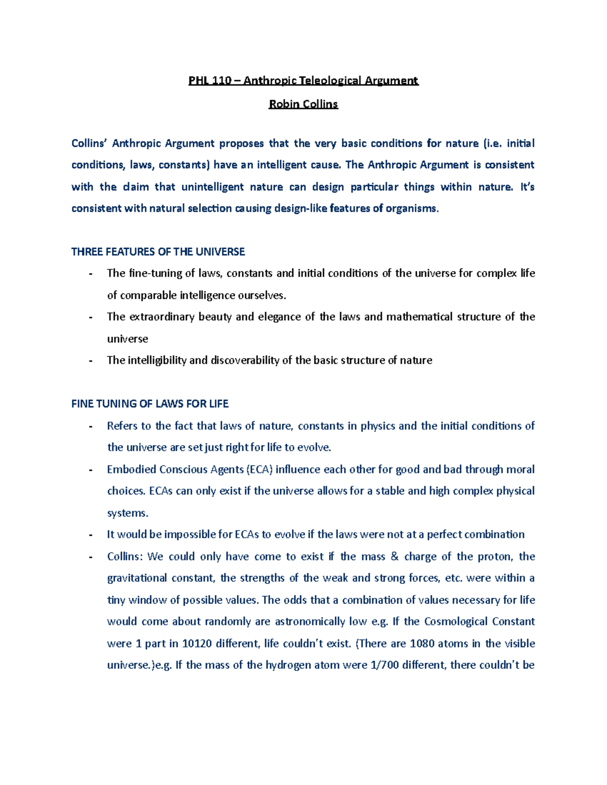 PHL 110 Anthropic Teleological argument - PHL 110 – Anthropic Teleological Argument Robin ...