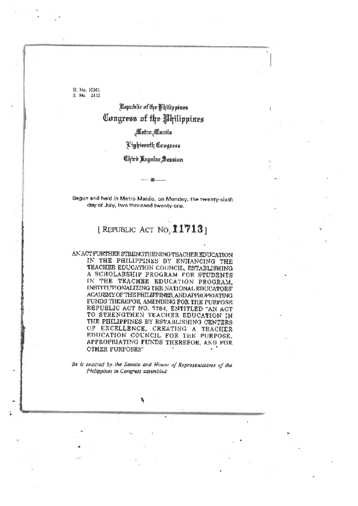 RA 11713 - sws - H. No. 10301 S. No. 2152 Republic of the Philippines ...