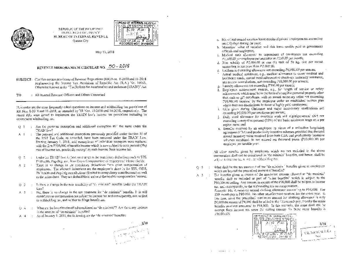 Rev Mem Circ 50-2018 - BOREAU OF INTERNAL REVENUE ANTITI INTERNAL ...