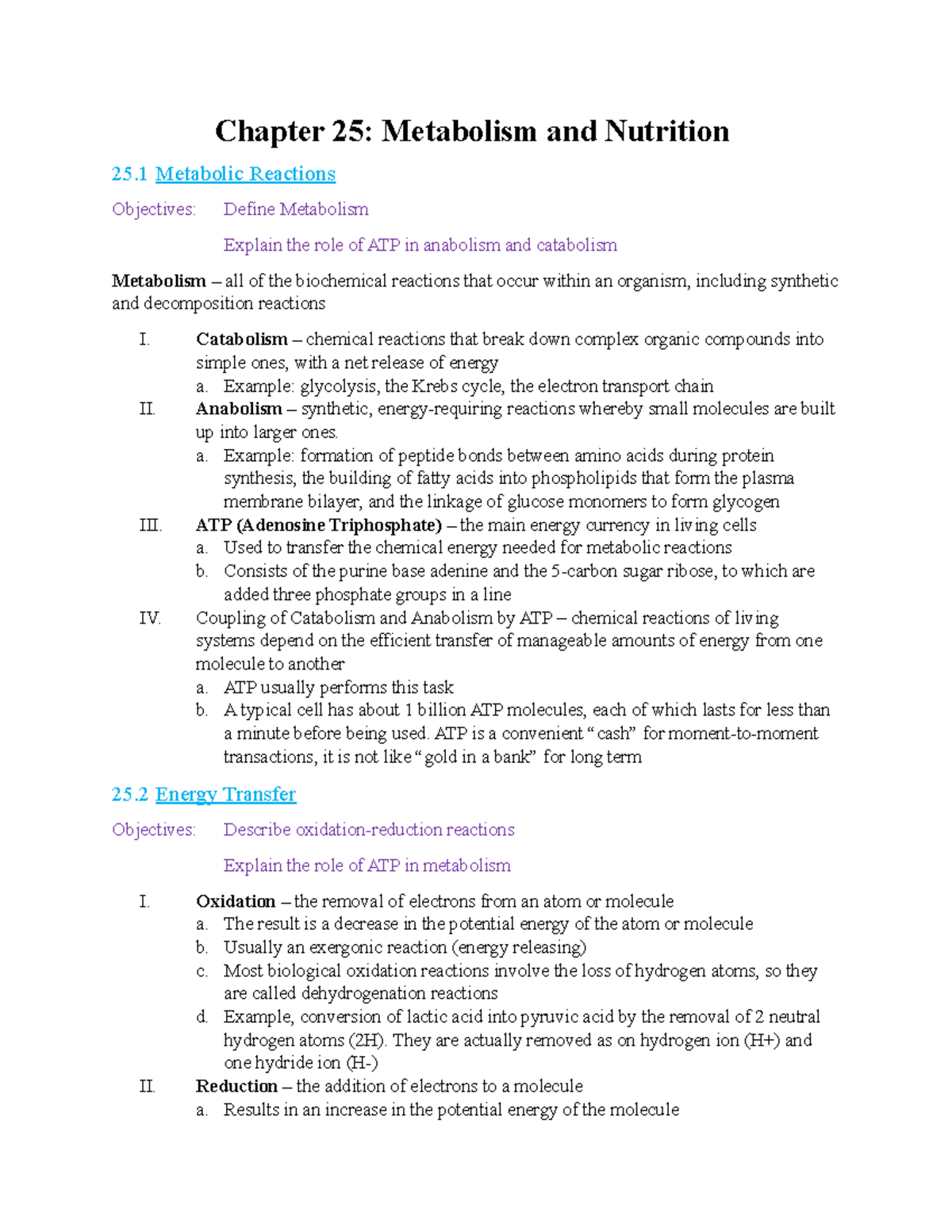 BIO 235 Chapter 25 - Notes - Chapter 25: Metabolism and Nutrition 25 ...