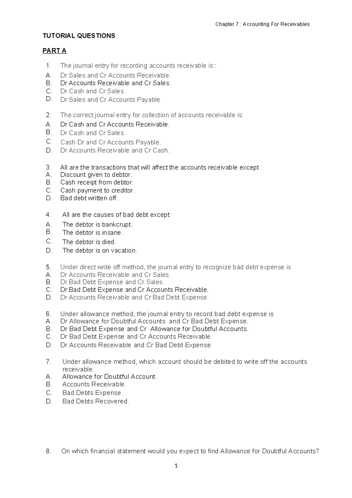 Chapter 7 Tutorial Questions Part A And C Tutorial Questions Part A The Journal Entry For