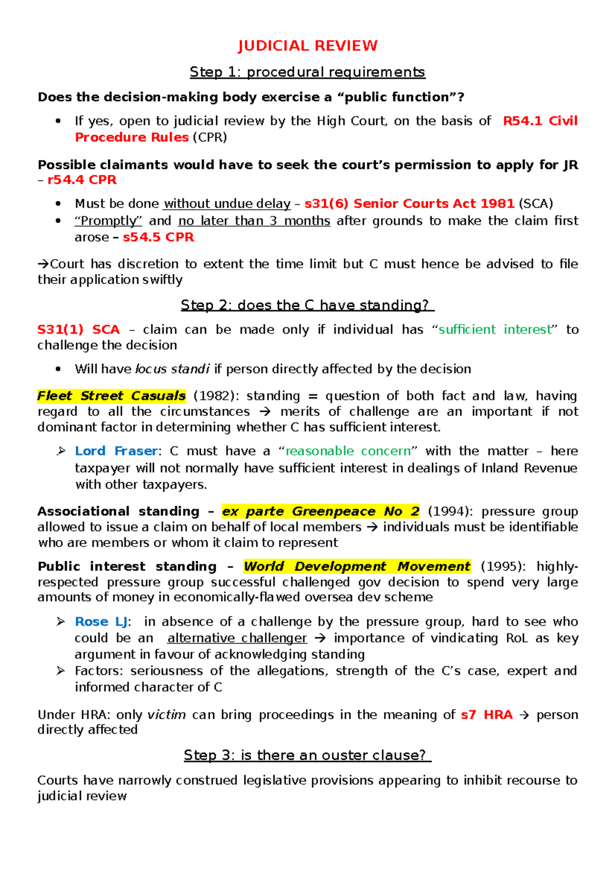 Judicial Review Notes - JUDICIAL REVIEW Step 1: procedural requirements ...