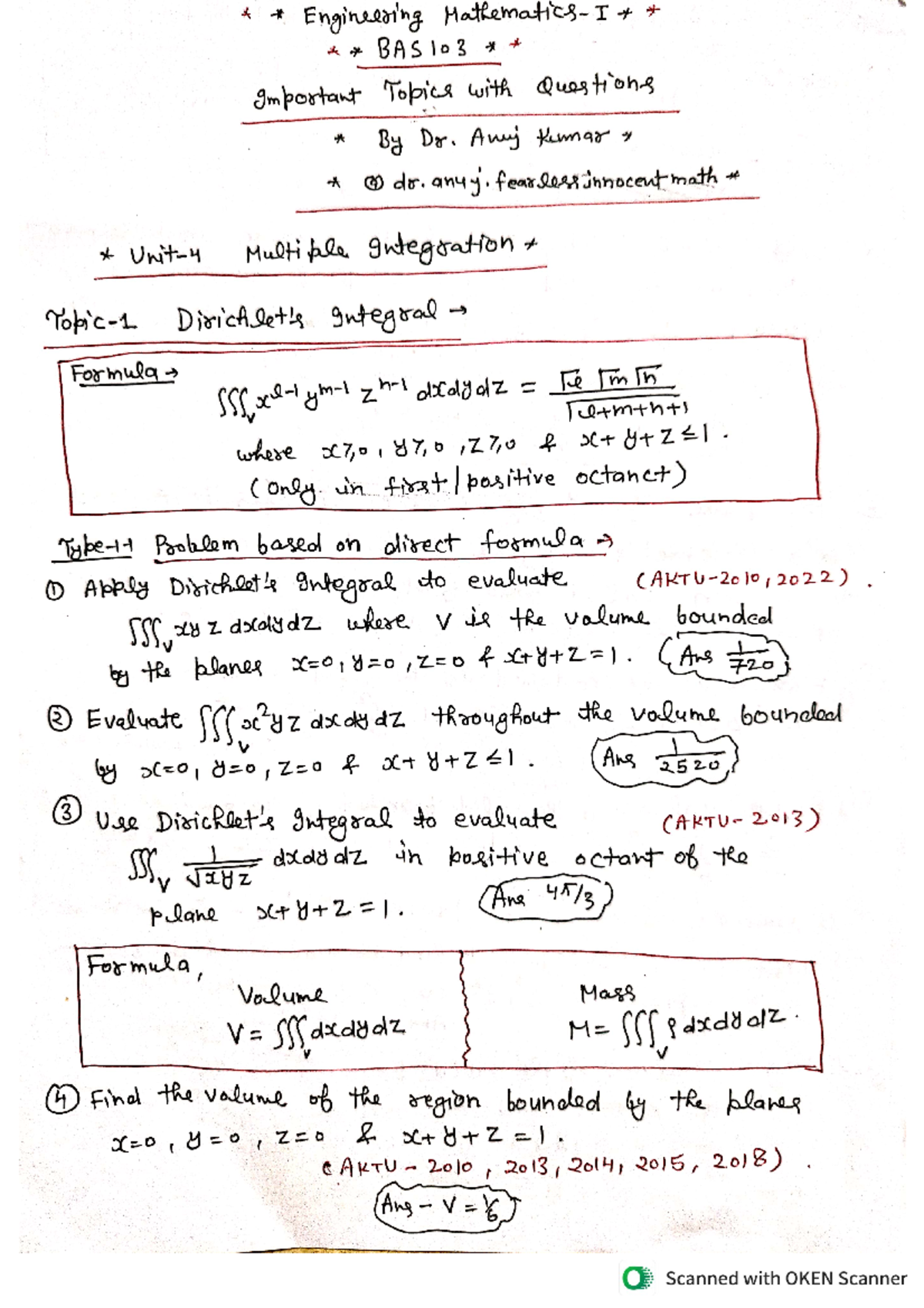 Unit-4 BAS103 Imp. Question by Dr. Anuj Kumar - B.tech - Studocu