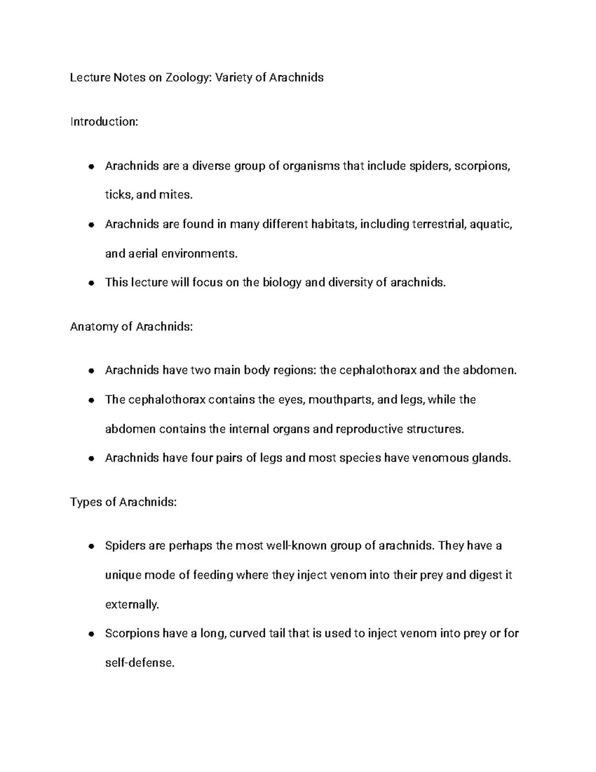 Lecture Notes on Zoology Variety of Arachnids - Lecture Notes on ...
