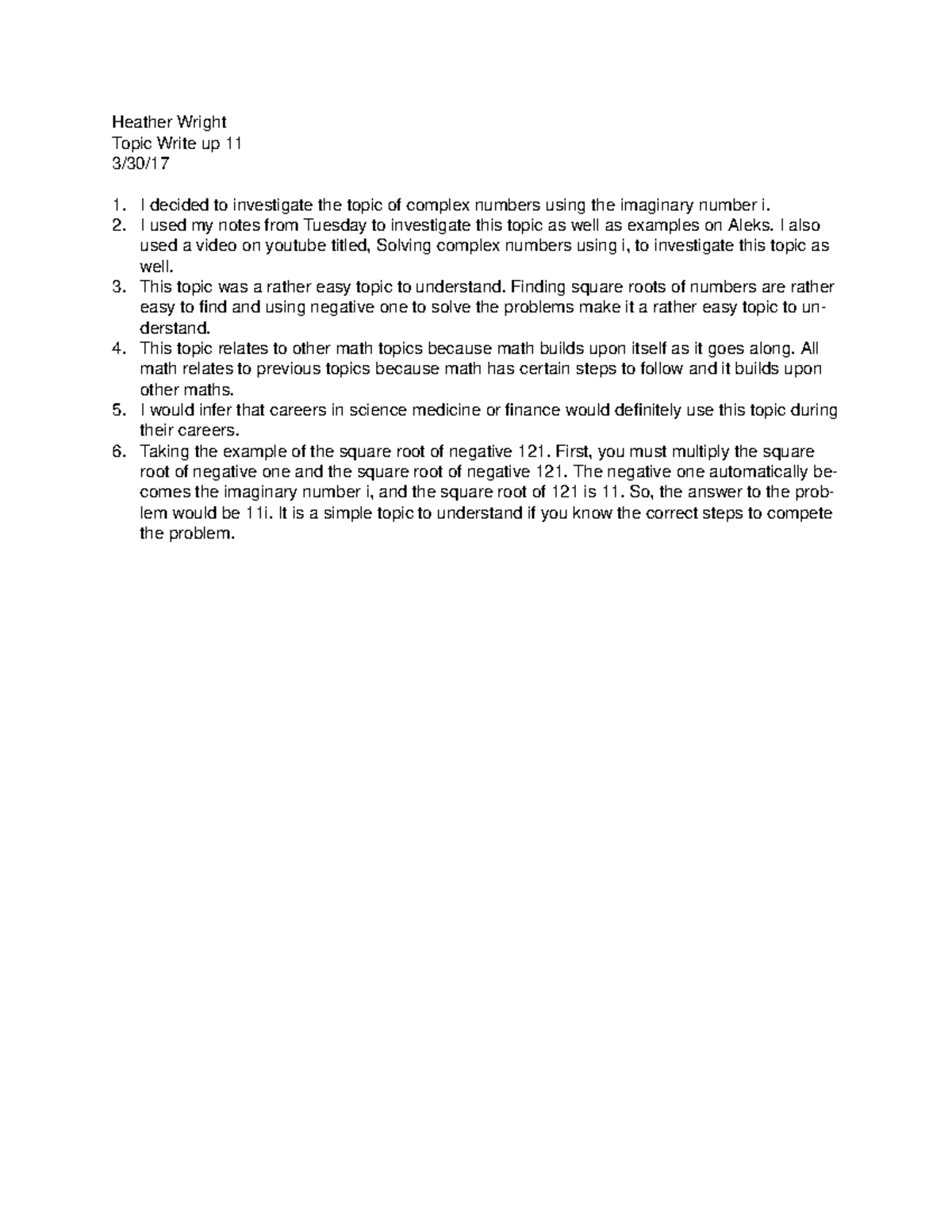 Topic write up 11 - lecture notes on math - Heather Wright Topic Write ...