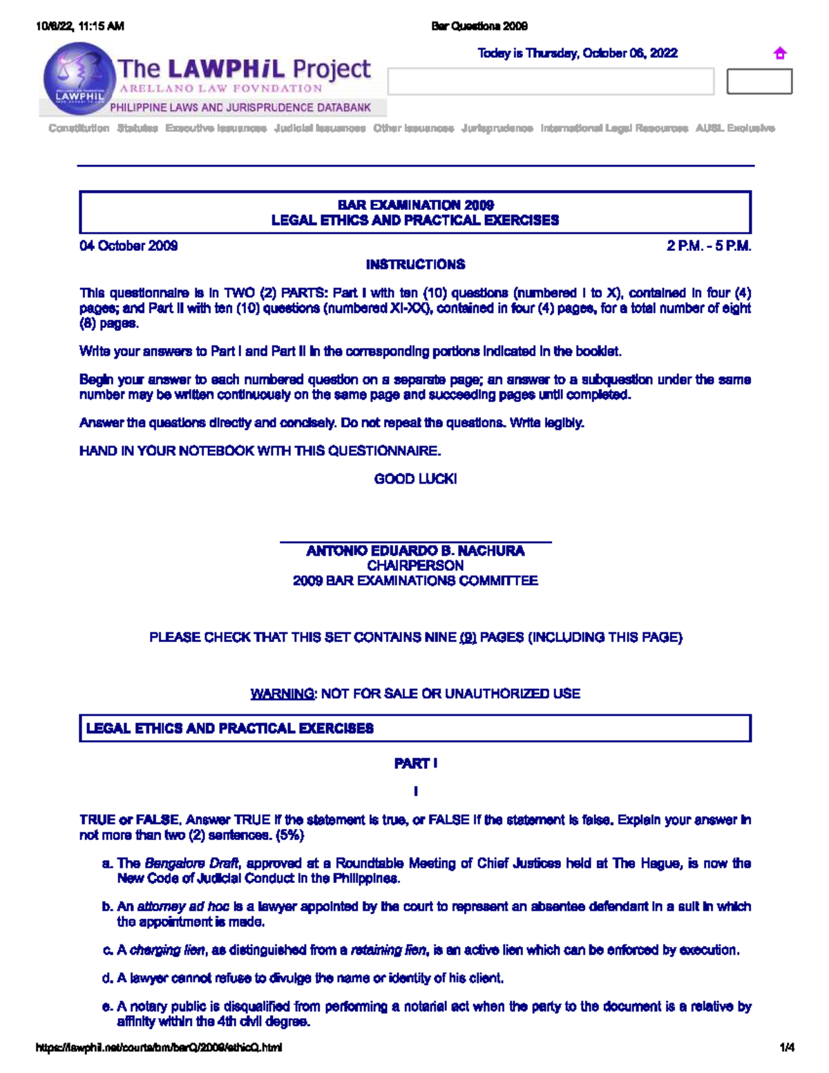 2009 Bar Exam Questions - Juris Doctor - Studocu