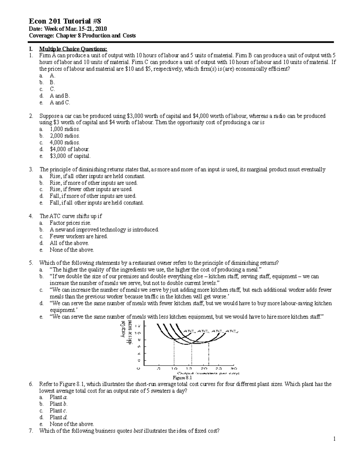 201-tutorial-8 questions to student for examination preparation - Econ 201 Tutorial Date: Week ...