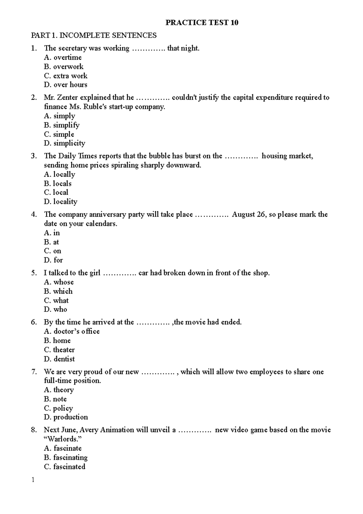 Practice TEST 10 - PRACTICE TEST 10 PART 1. INCOMPLETE SENTENCES The ...